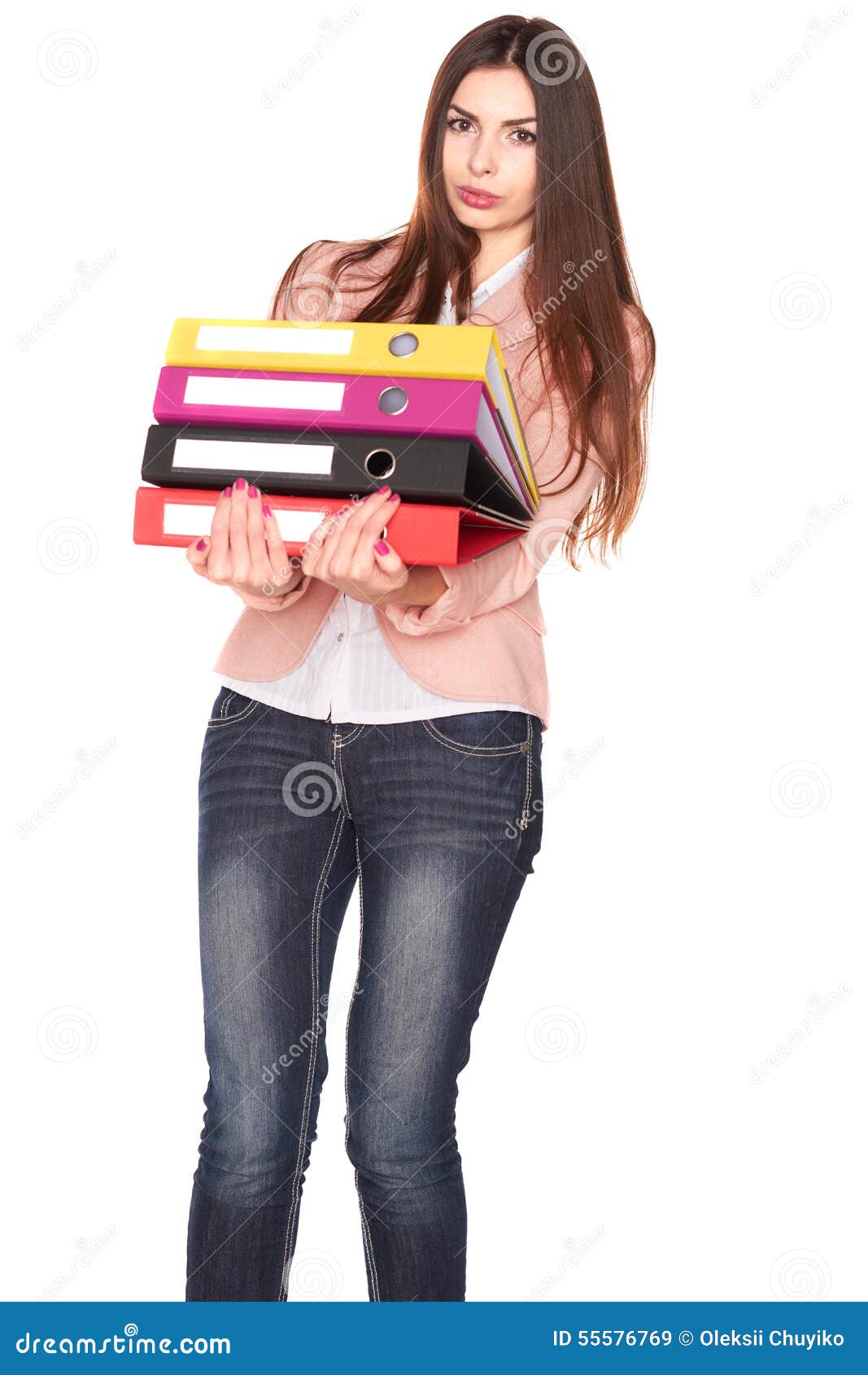 Office Lady with File Folders, Isolated on White Stock Image - Image of ...