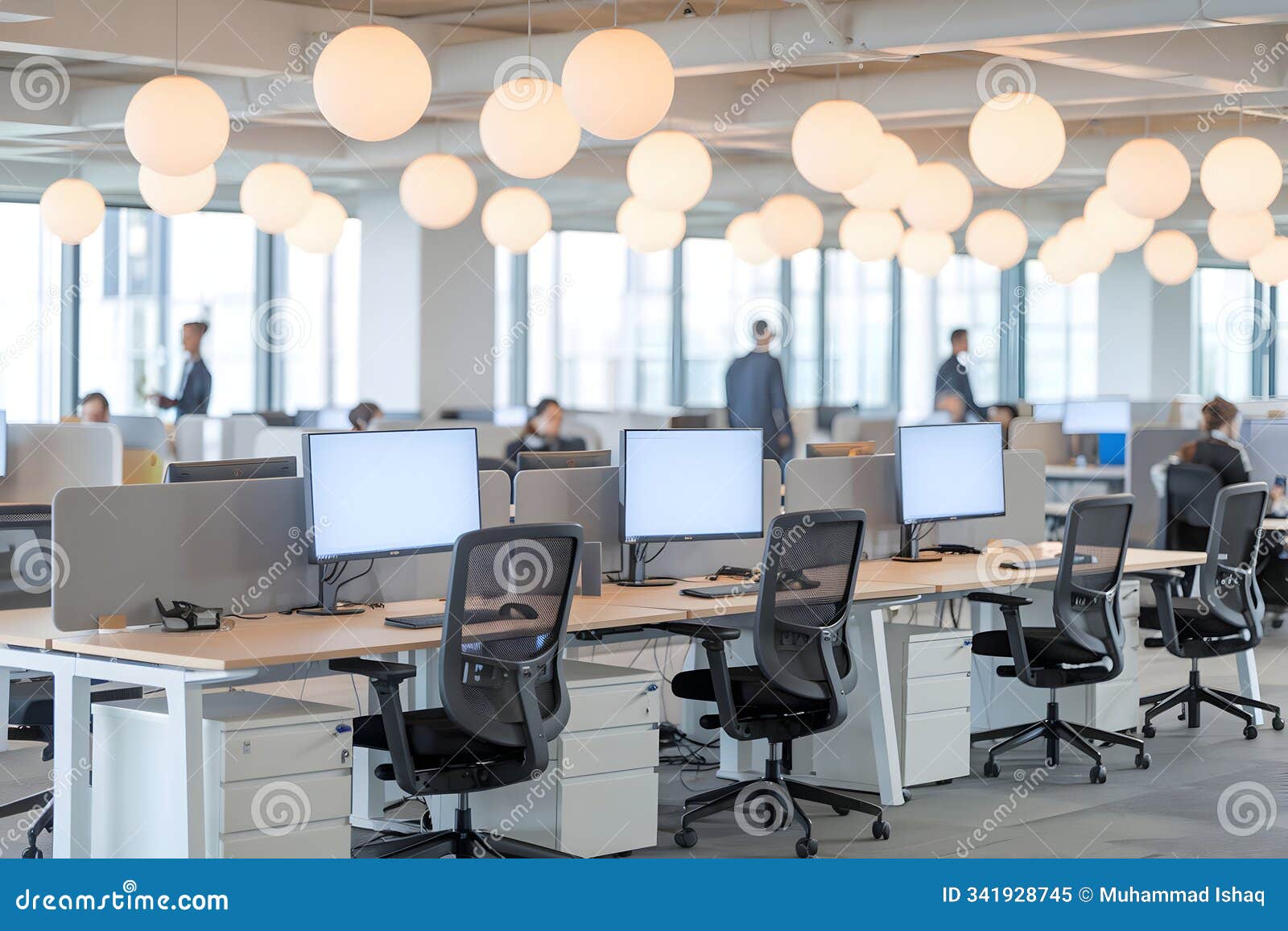Office Layout with Desks and Orbs, Symbolizing Dynamic Work Environment ...