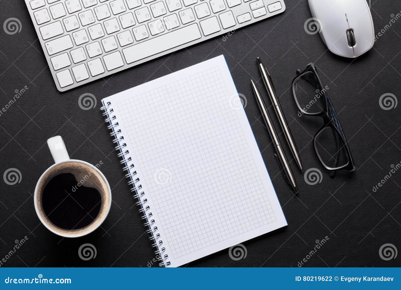 Office Leather Desk Table with Notepad, Pc and Coffee Stock Photo ...