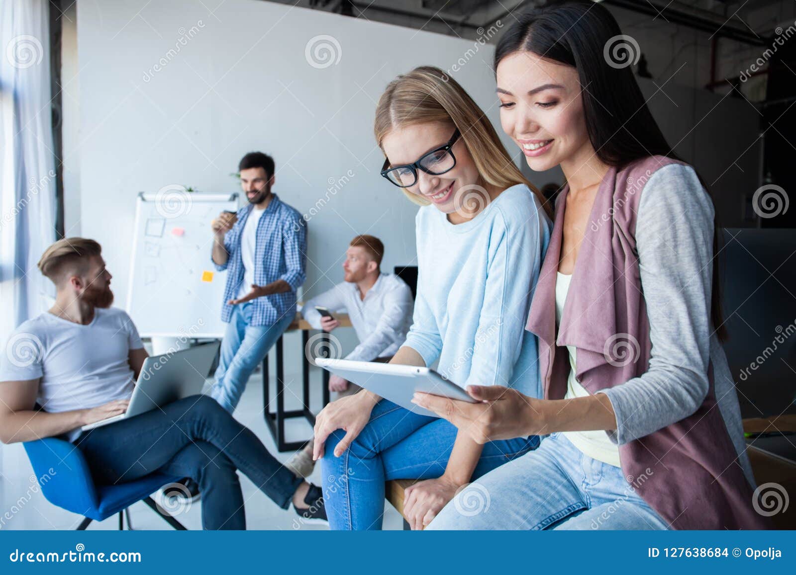 Office Life. Group of Young Business People Working and Communicating ...