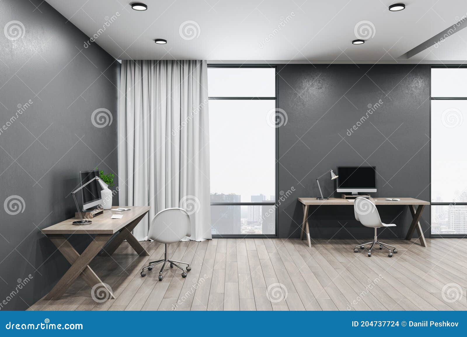 Office in a Loft Style Interior with Computer and City View Stock ...
