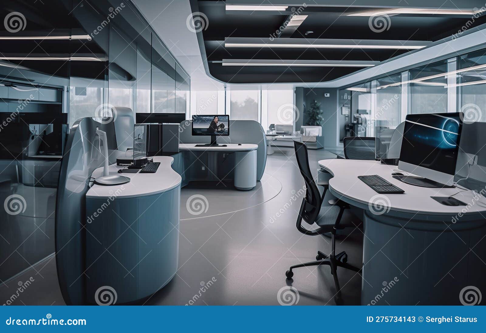 An Office with a Lot of Desks and Computers. AI Generative Image. Stock ...
