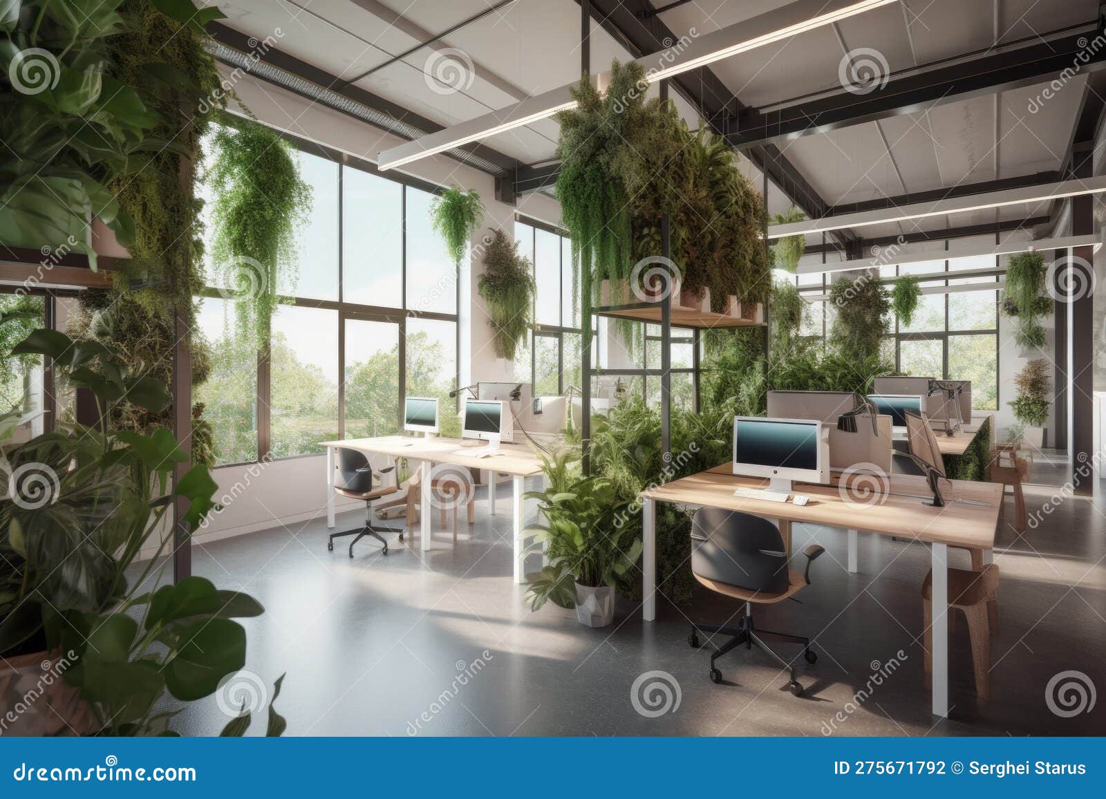 An Office with a Lot of Plants Hanging from the Ceiling. AI Generative ...
