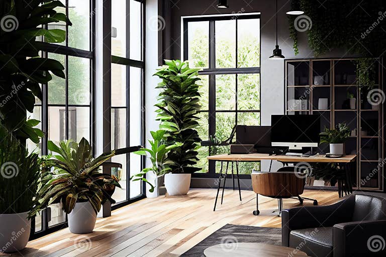 Office with Lush Greenery and Natural Light, Setting the Scene for a ...