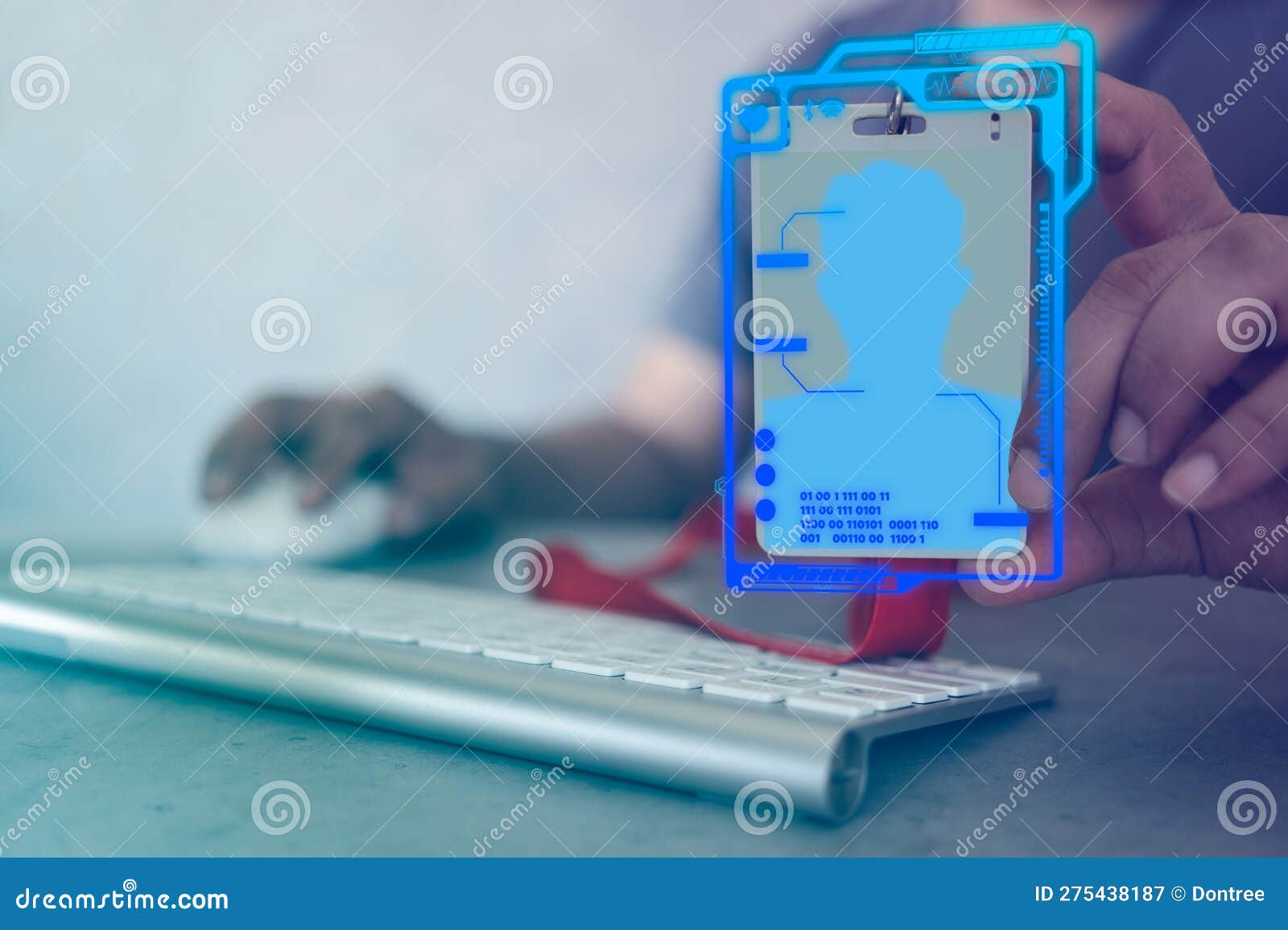 Office Man Using a Computer and Showing His Staff Identity Card before ...