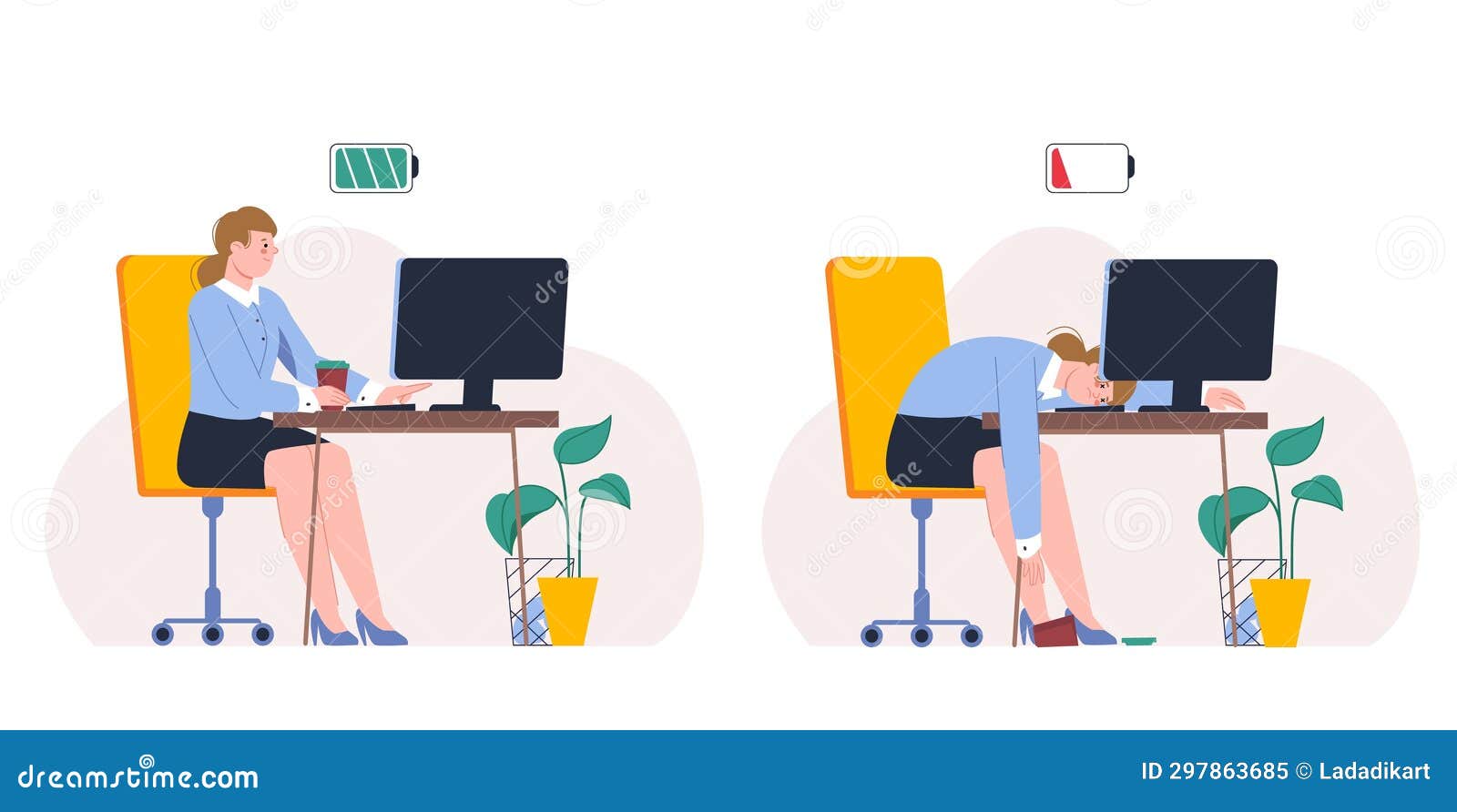 Office Manager Burned on Work. Exhausted and Rested Worker at Computer ...