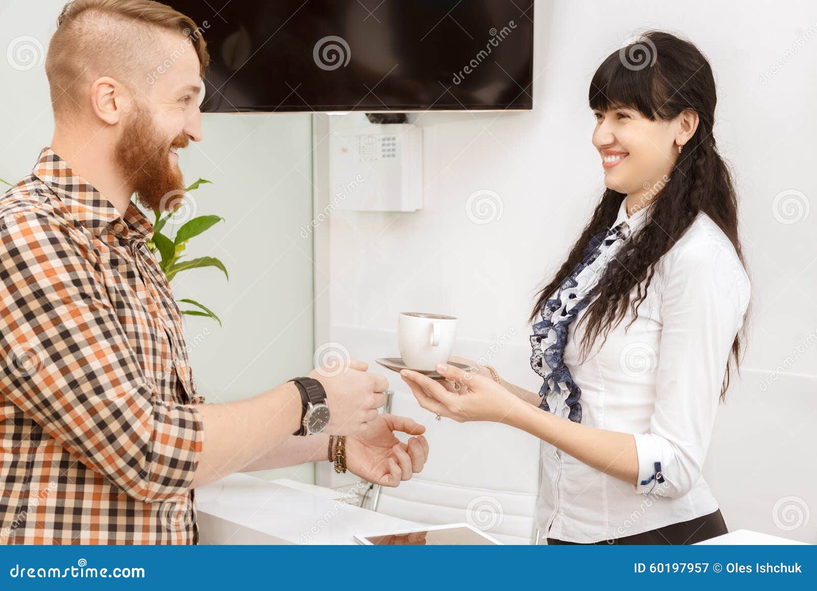 Office Manager Offering the Customer a Cup of Tea Stock Image - Image ...