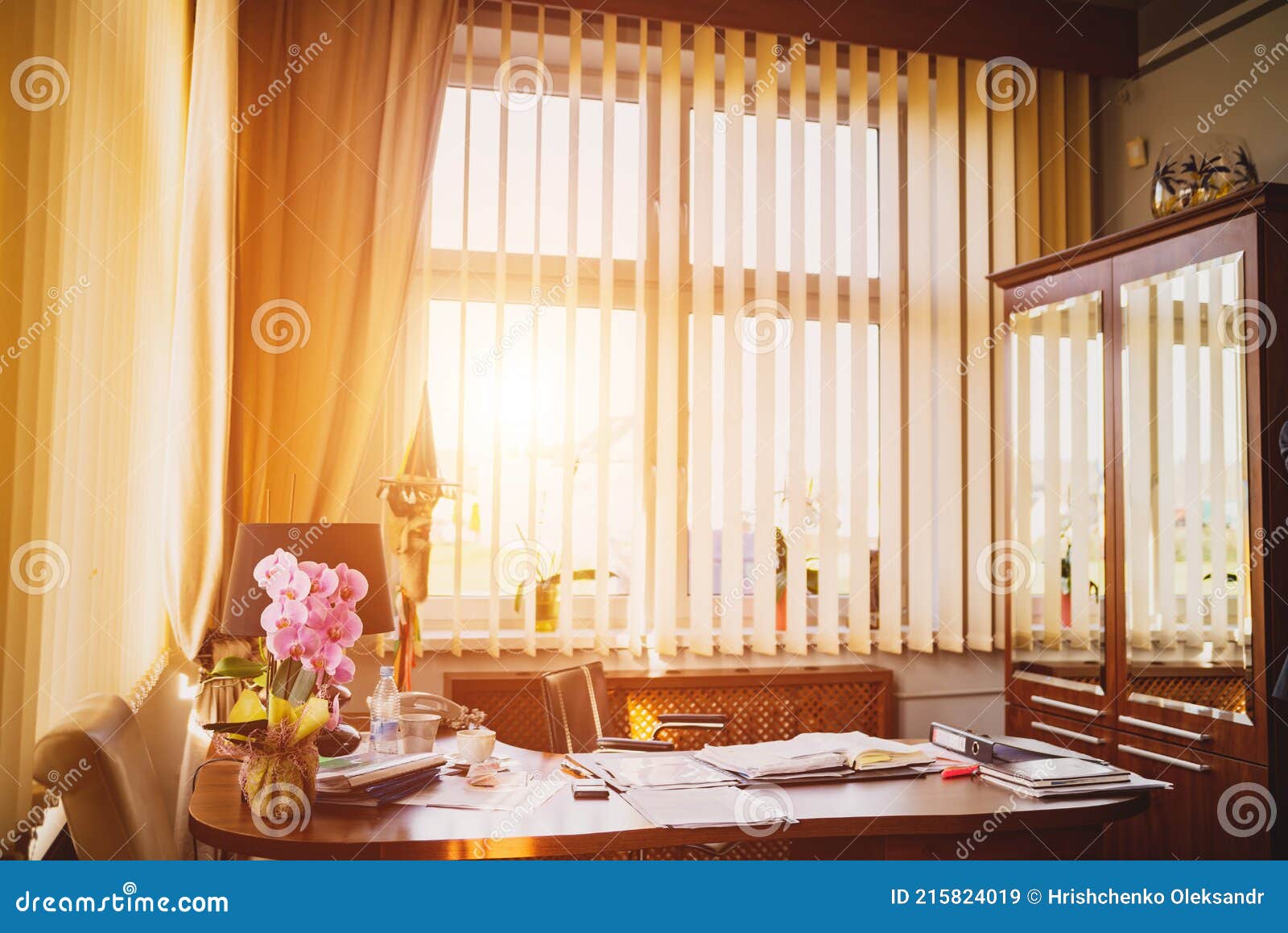 An Office Manager with a Table and Blinds Stock Image - Image of ...