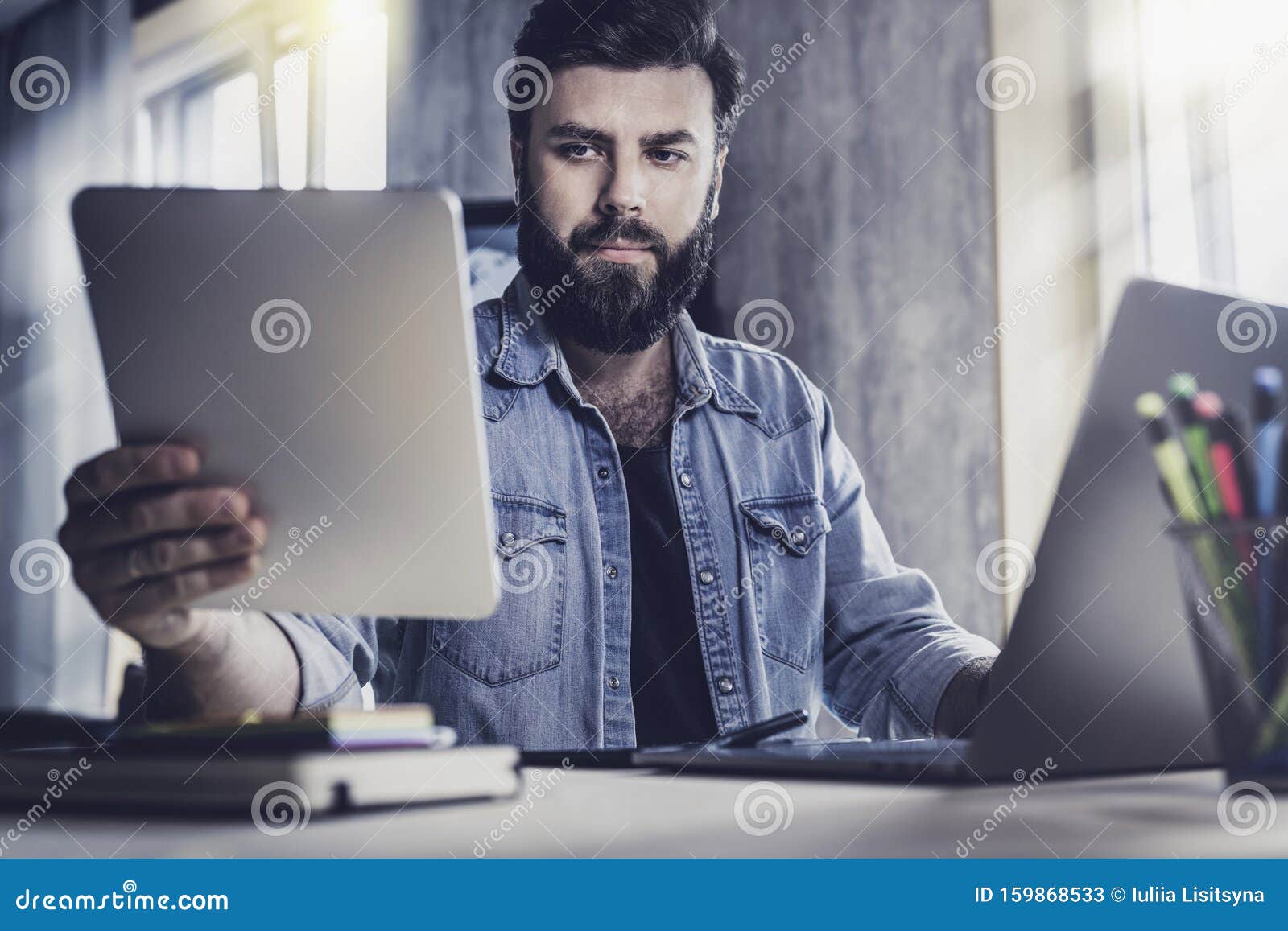 Office Manager Taking Picture on Tablet. Man Performing Digital Project ...