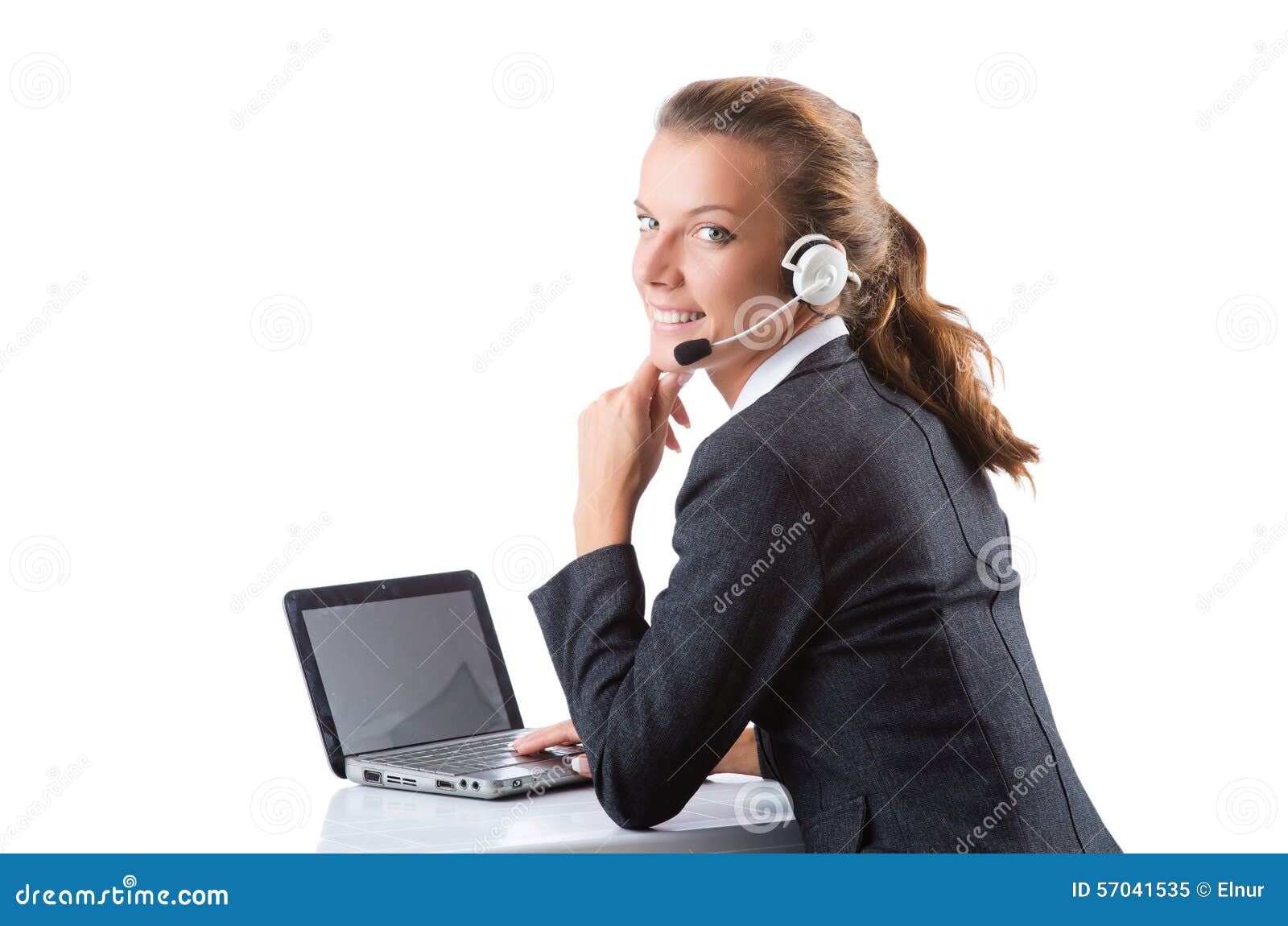 Office Manager Typing on Laptop Isolated on White Stock Image - Image ...