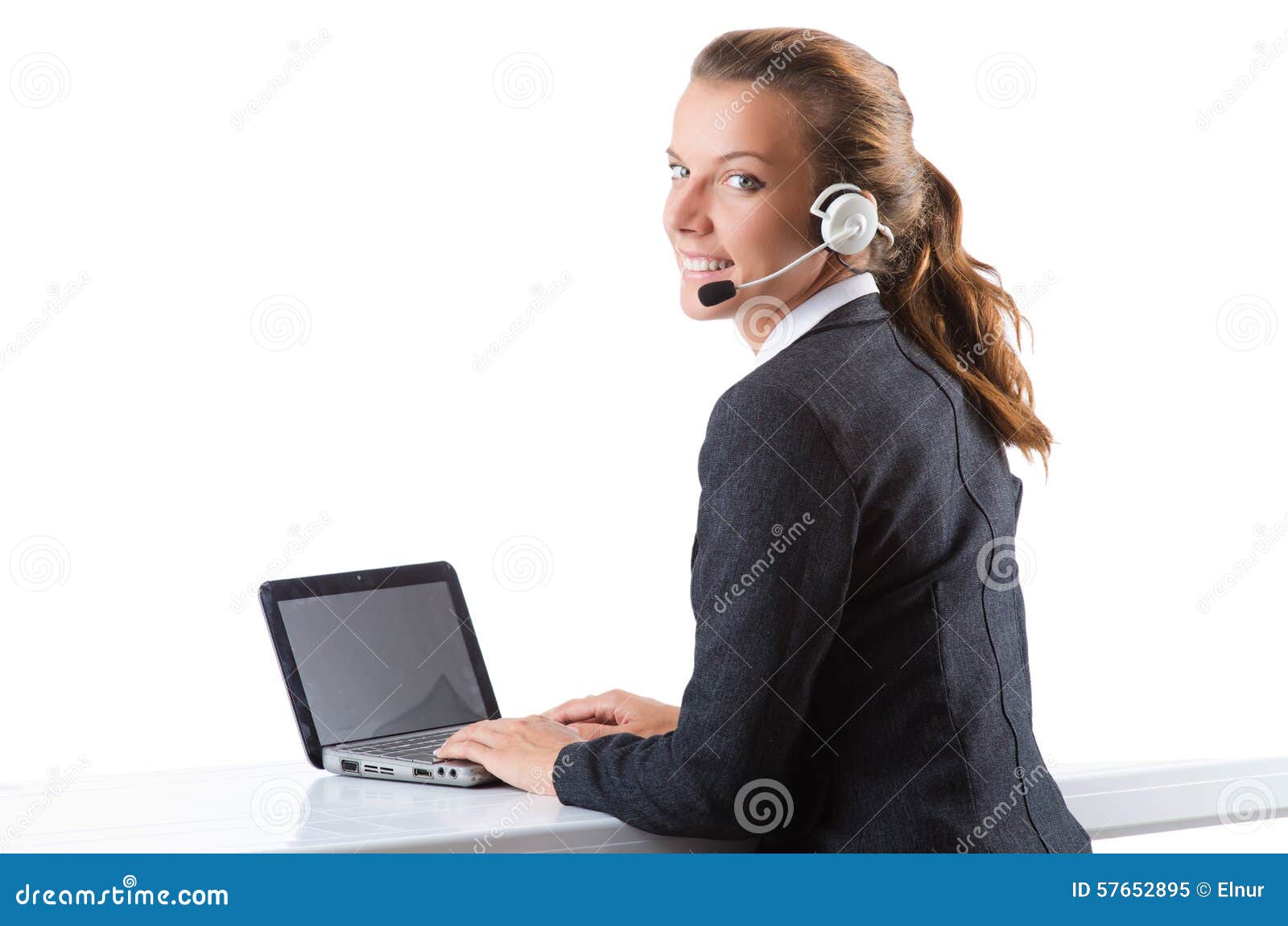Office Manager Typing on Laptop Isolated on White Stock Image - Image ...