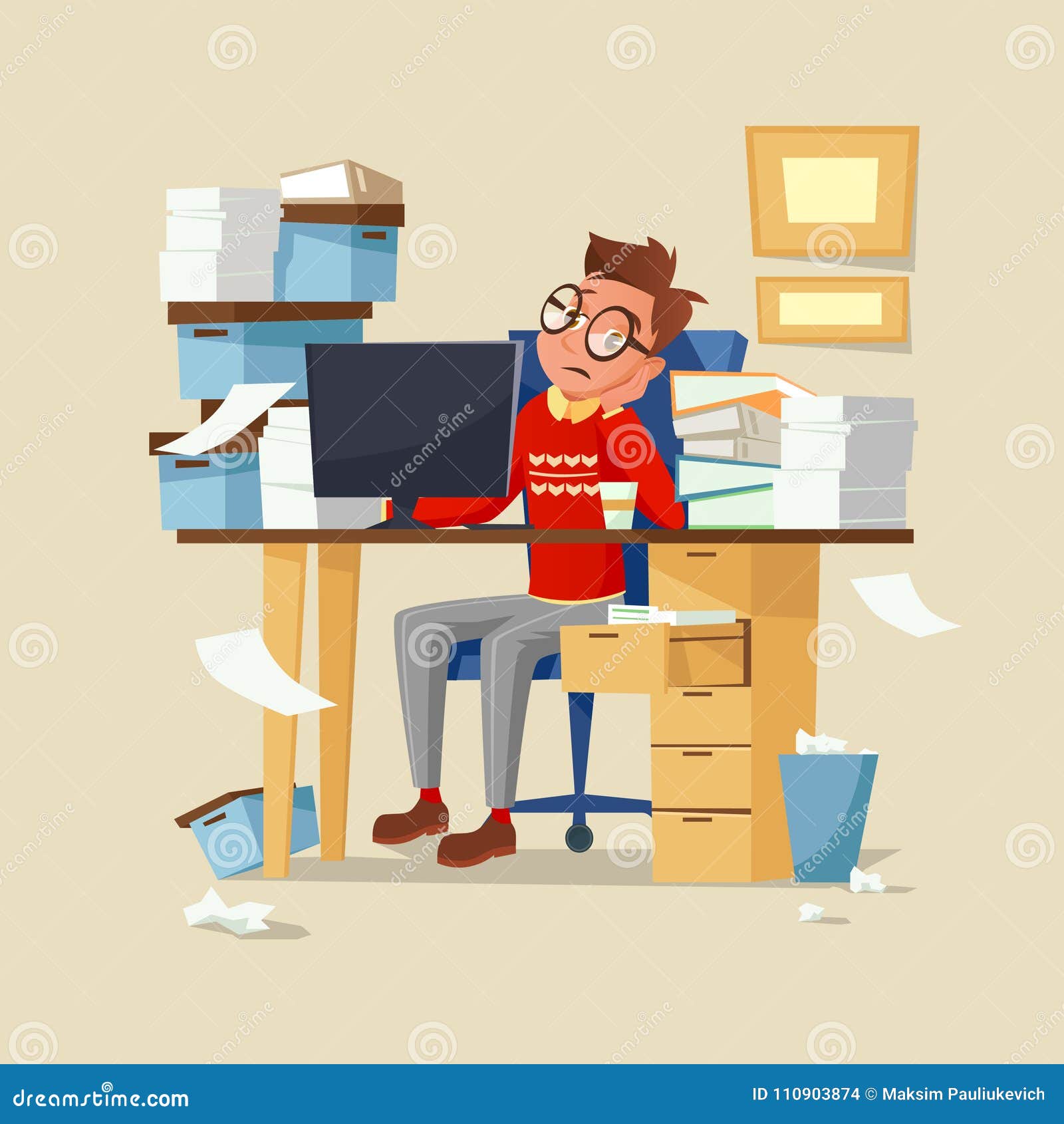 Office Manager Work Routine Vector Illustration of Tired Frustrated Man ...
