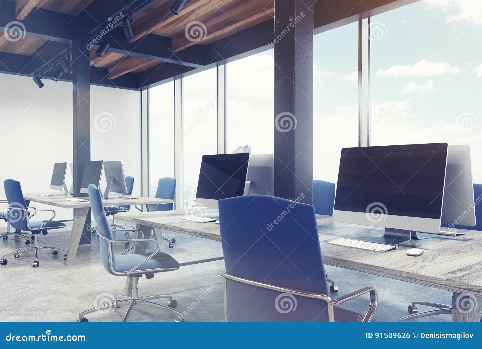 Office with Metal Pillars, Side, Toned Stock Illustration ...