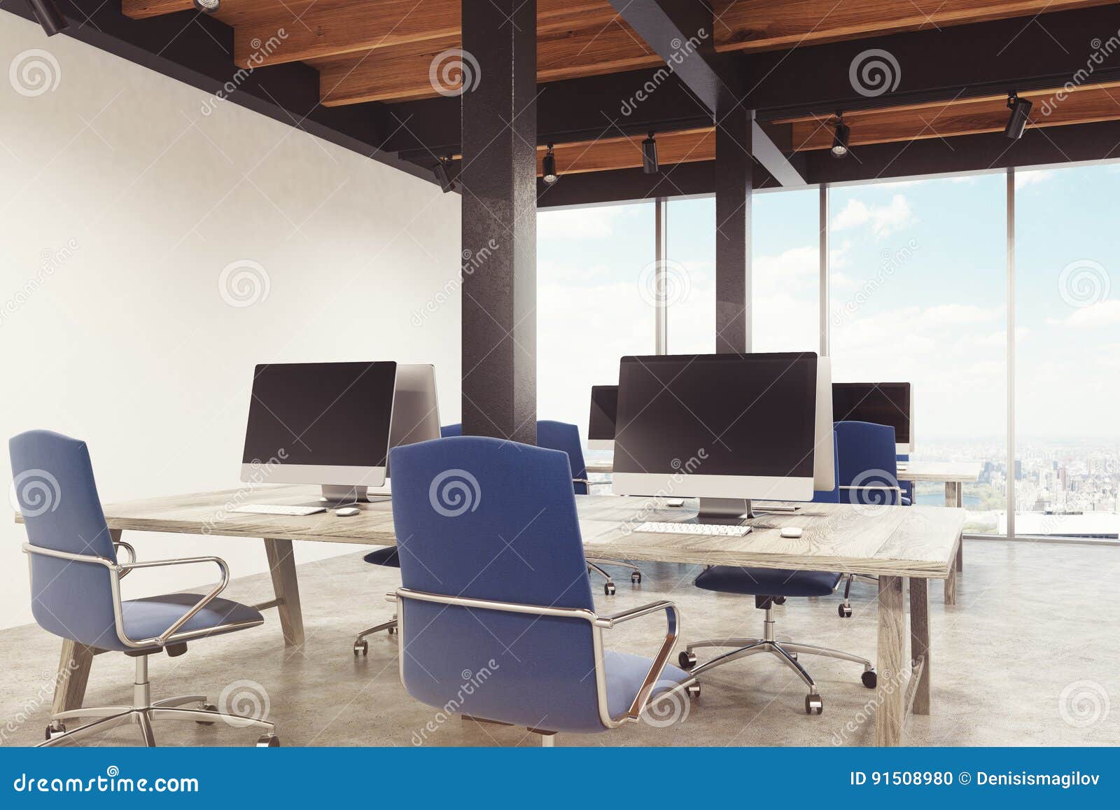 Office with Metal Pillars, Two Computers, Toned Stock Illustration ...