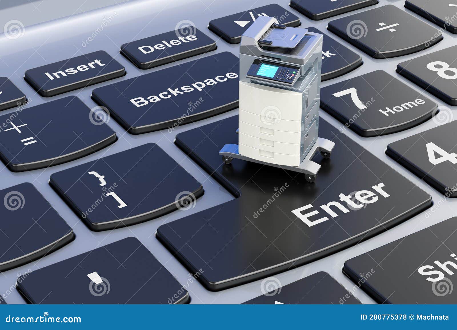 Office Multifunction Printer MFP on Laptop Keyboard. 3D Rendering Stock ...