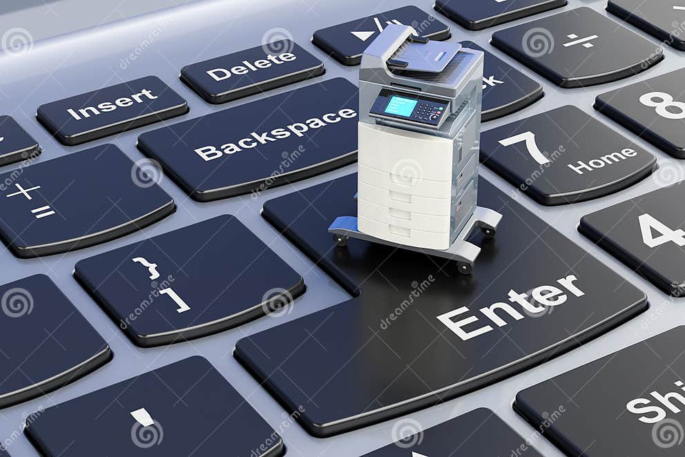 Office Multifunction Printer MFP on Laptop Keyboard. 3D Rendering Stock ...