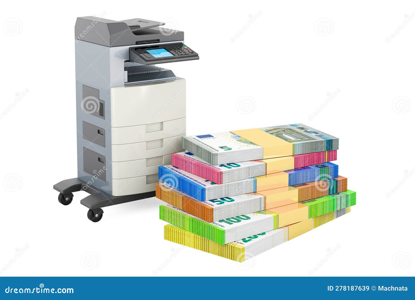 Office Multifunction Printer MFP with Money, Euro Packs. 3D Rendering ...