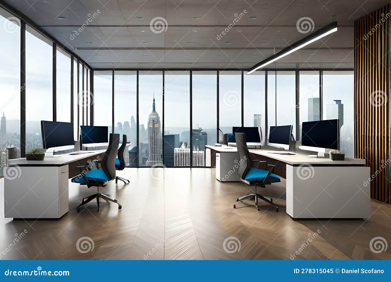 An Office with Multiple Computer Screens on the Wall and Two Desks in ...
