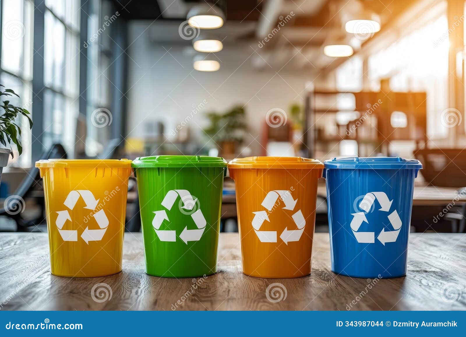 In an Office with Multiple Recycling Bins, Environmental Responsibility ...
