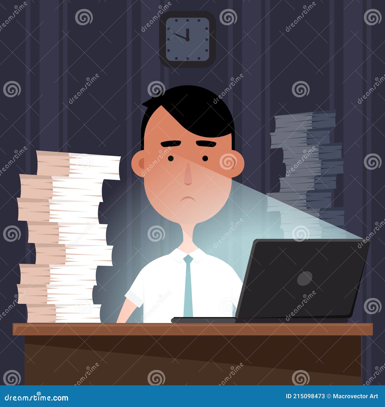 Office Night Work Vector Illustration. Unhappy and Upset Worker Working ...