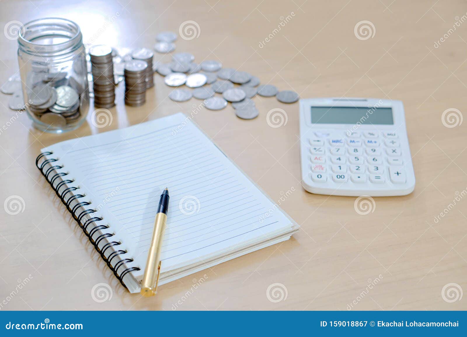 Office: Note Book, Calculator, Coins, Pen Stock Image - Image of group ...