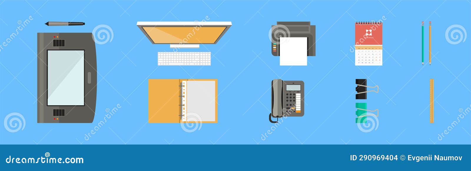 Office Object and Business Workflow Items on Blue Background Vector Set ...