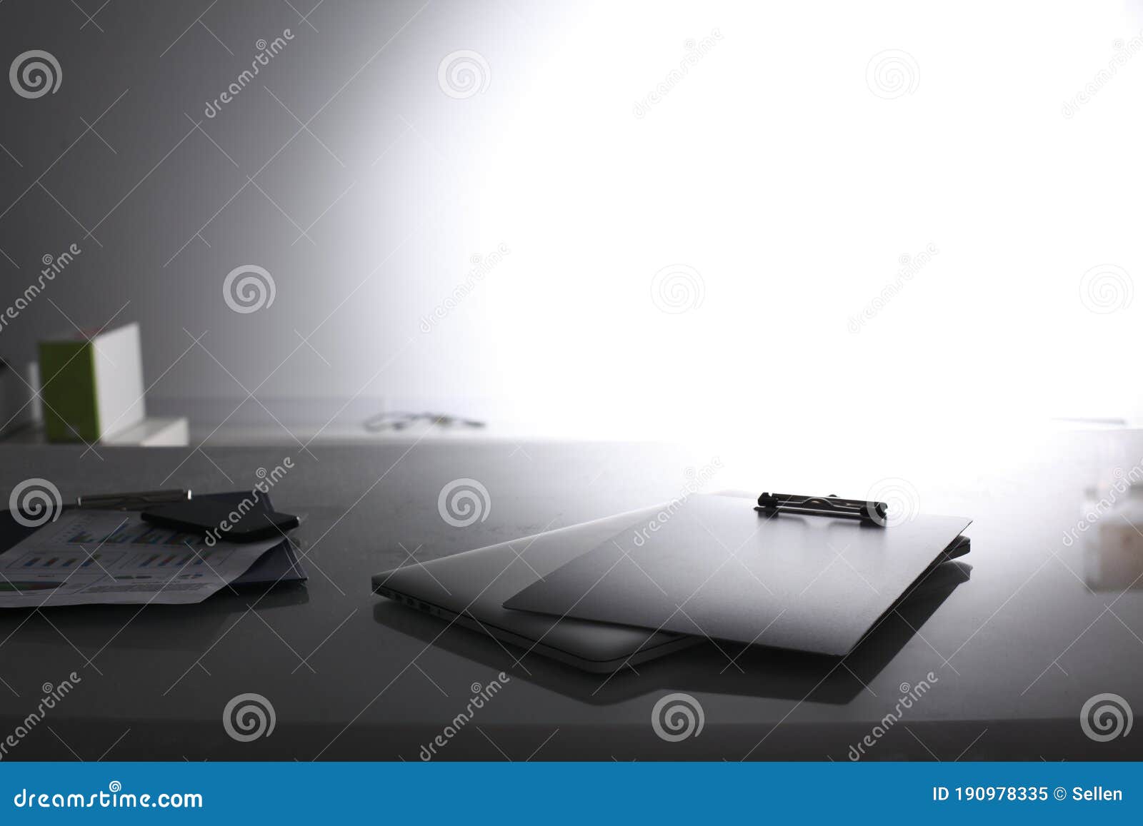 Office Objects and Computer on White Table Stock Image - Image of data ...