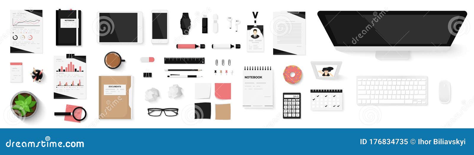Office Objects Set Isolated on White Background. Working Space. Top ...