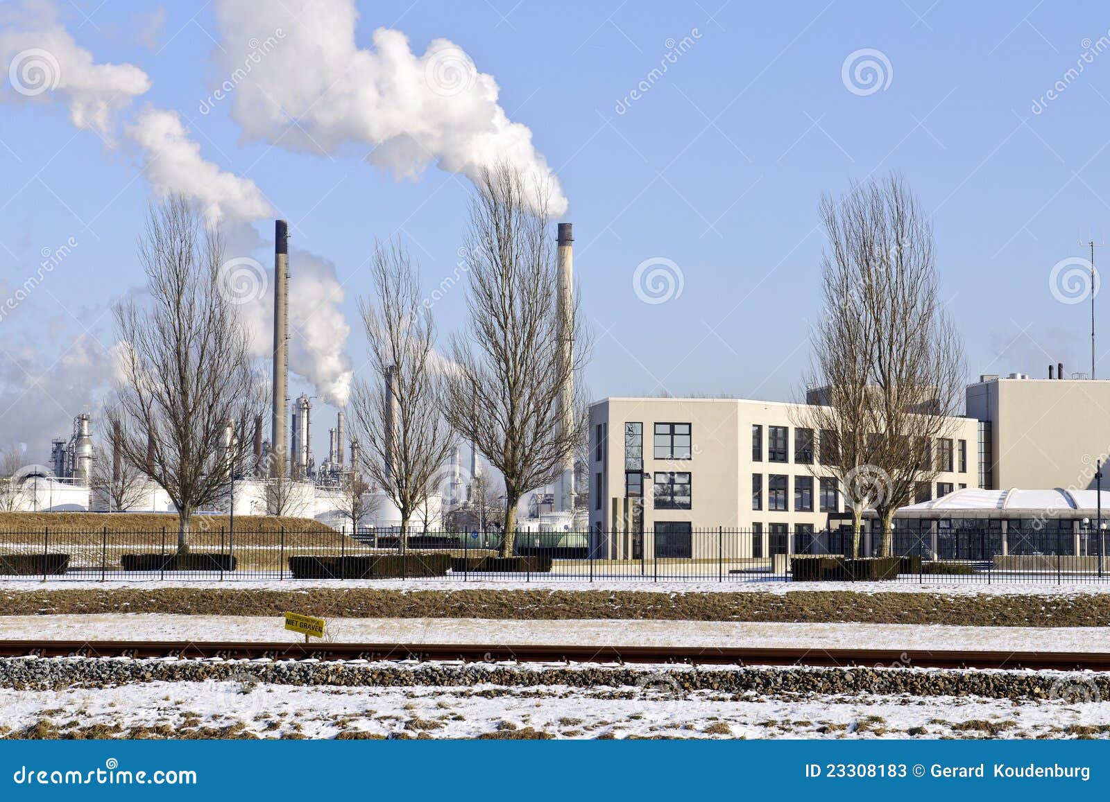 Office and Oil Refinery in Winter Landscape Stock Image - Image of snow ...