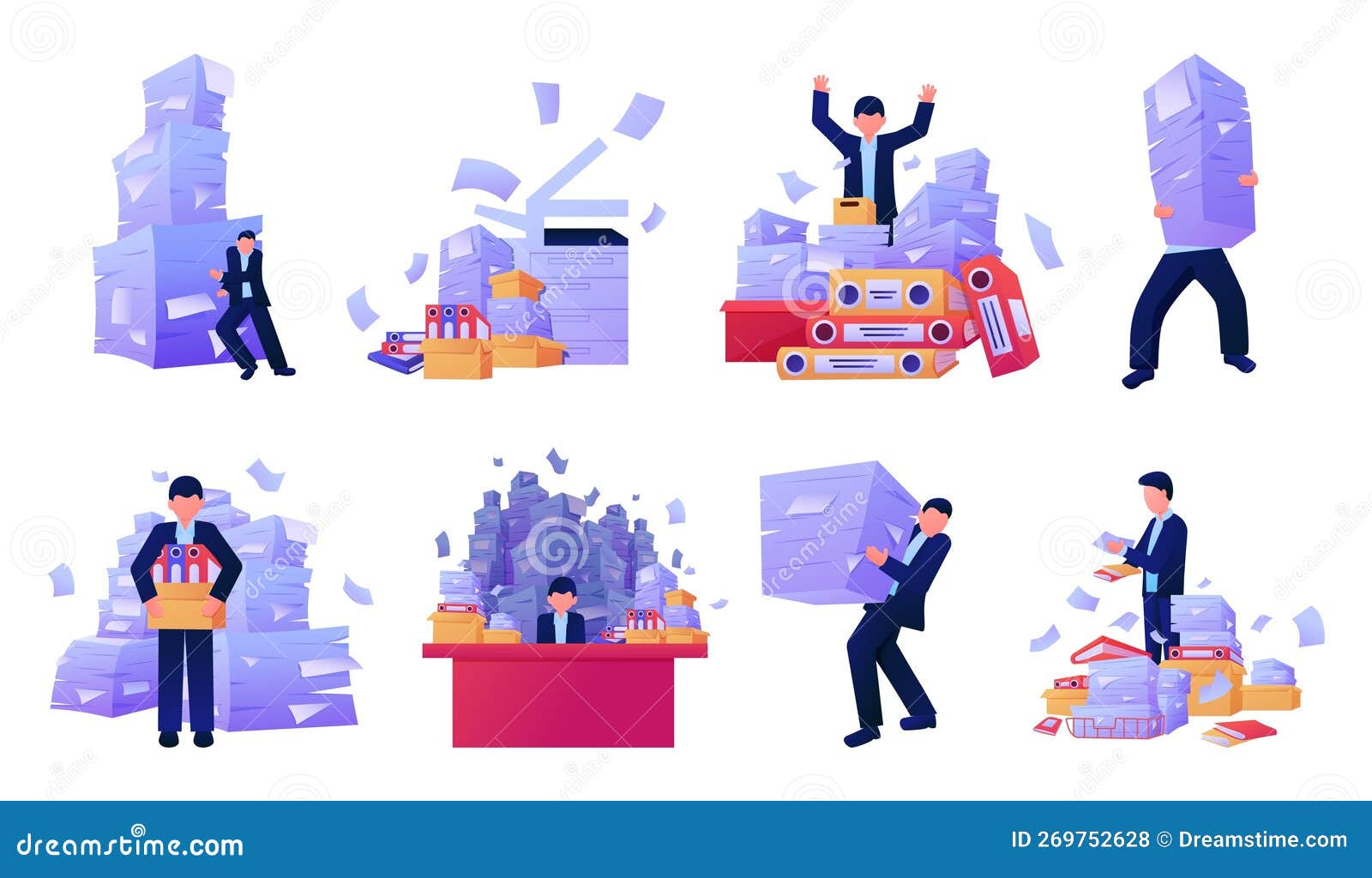 Office Paperwork. Overworked Worker with Documents Stacks. Messy Desks ...