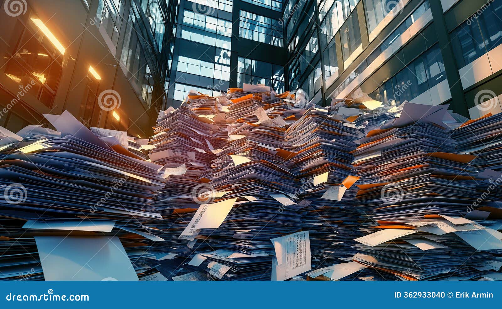 Office Paperwork Pile, Atrium, Sunset, Data Overload, Archiving Stock ...