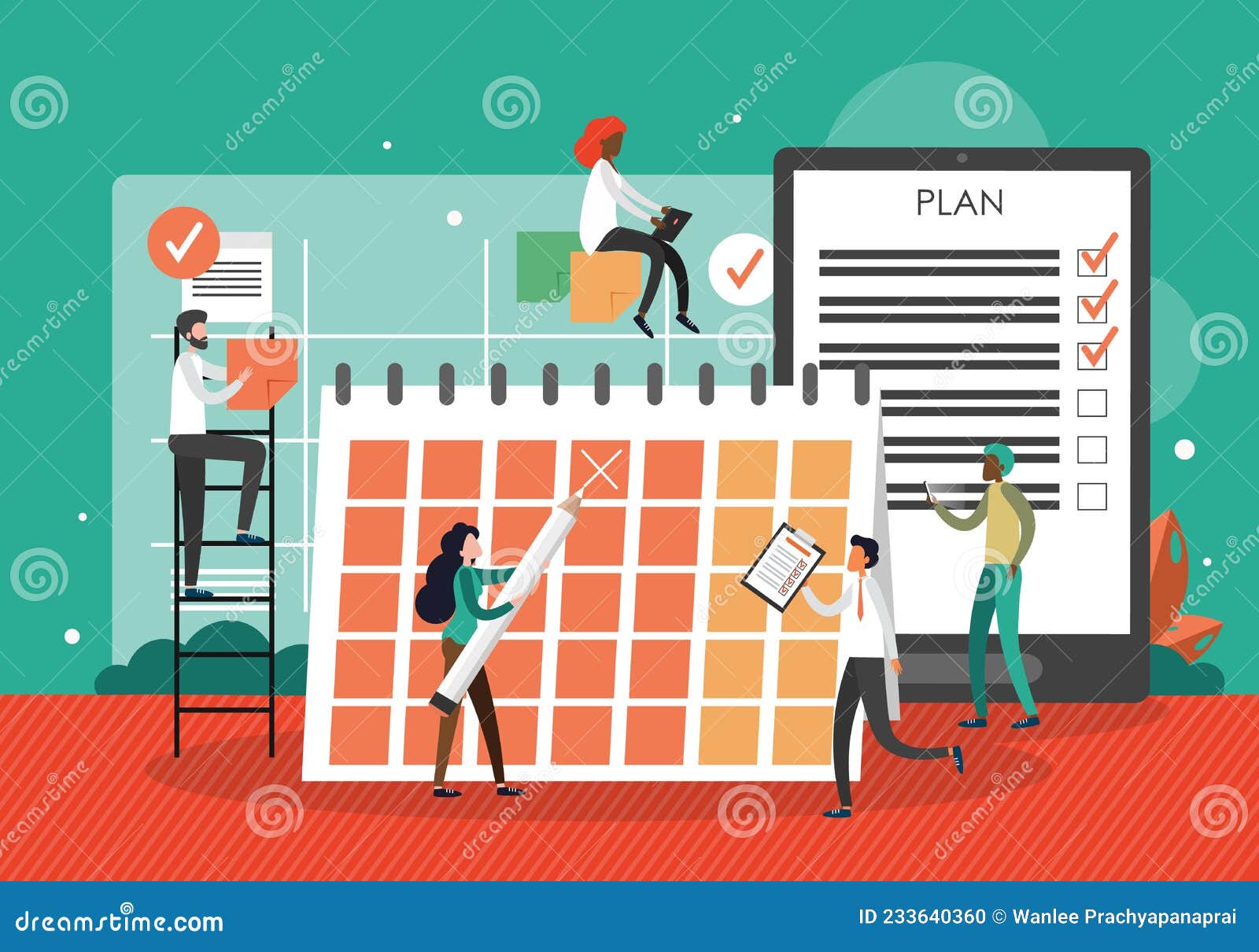 Office People Planning Schedule and Calendar, Using Memo Board, Vector ...