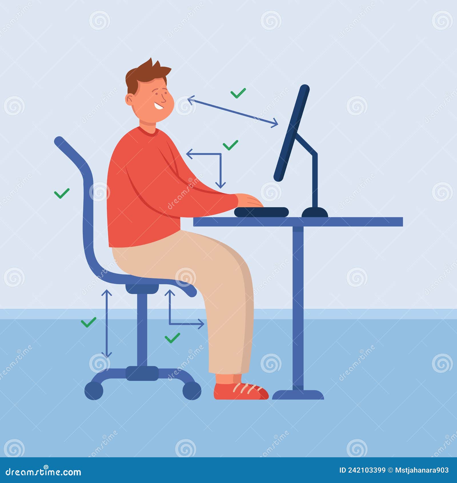 Office Person with Correct Posture Sitting at Computer Desk Stock ...