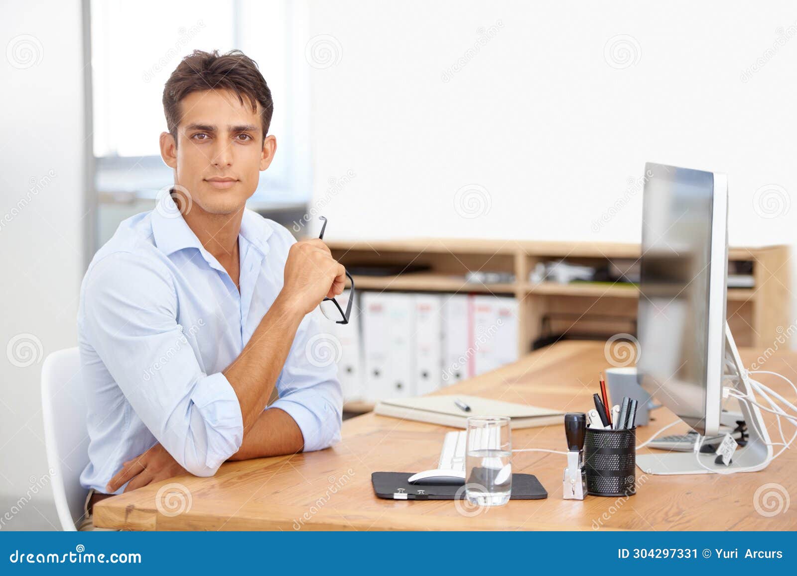 Office, Portrait or Employee with Computer at Desk with Technology for ...