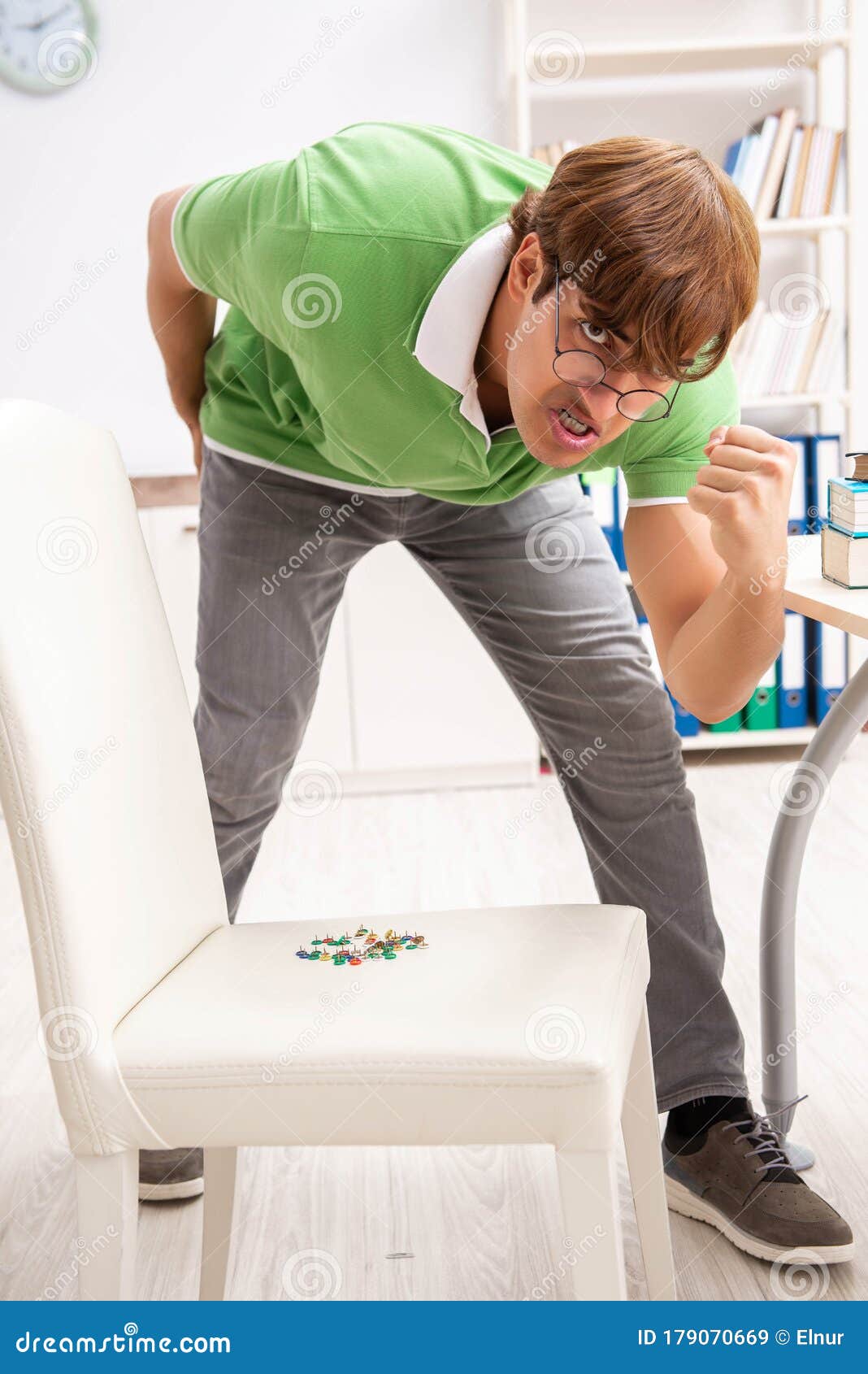 Office Prank with Sharp Thumbtacks on Chair Stock Image - Image of boss ...