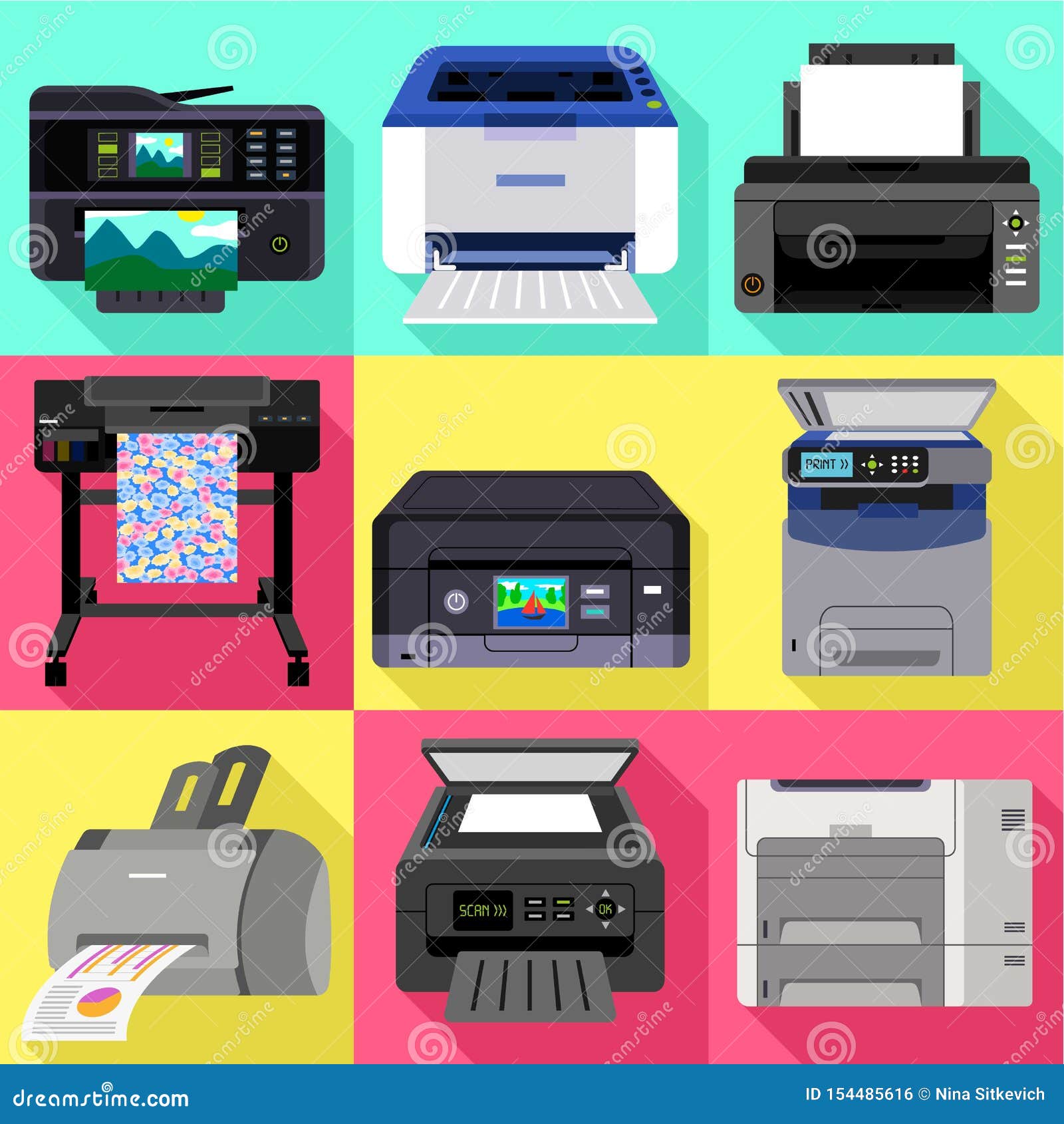 Office Printer Icon Set, Flat Style Stock Vector - Illustration of ...