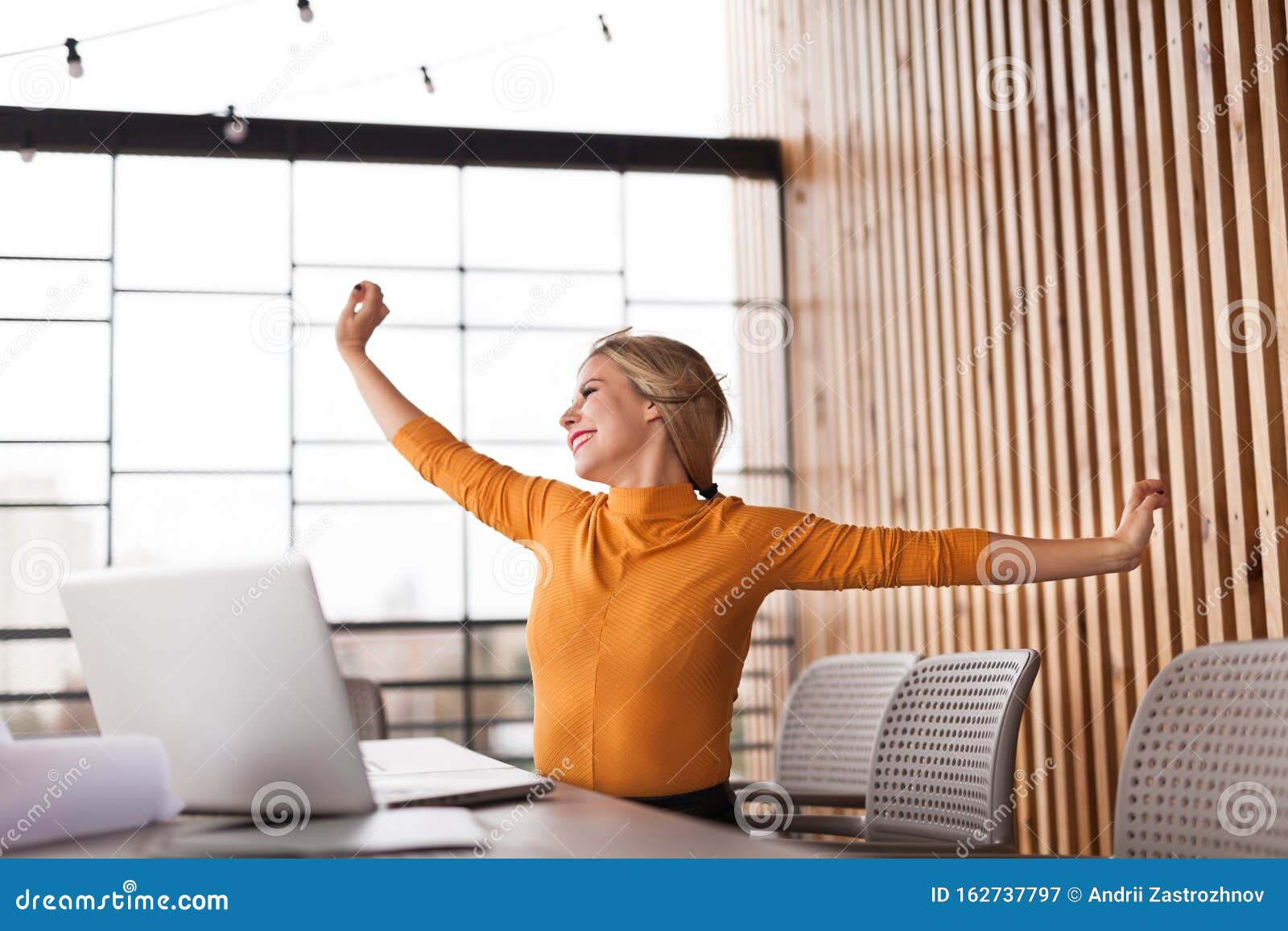 Office Relax, Woman Stretched on Workplace Stock Image - Image of ...