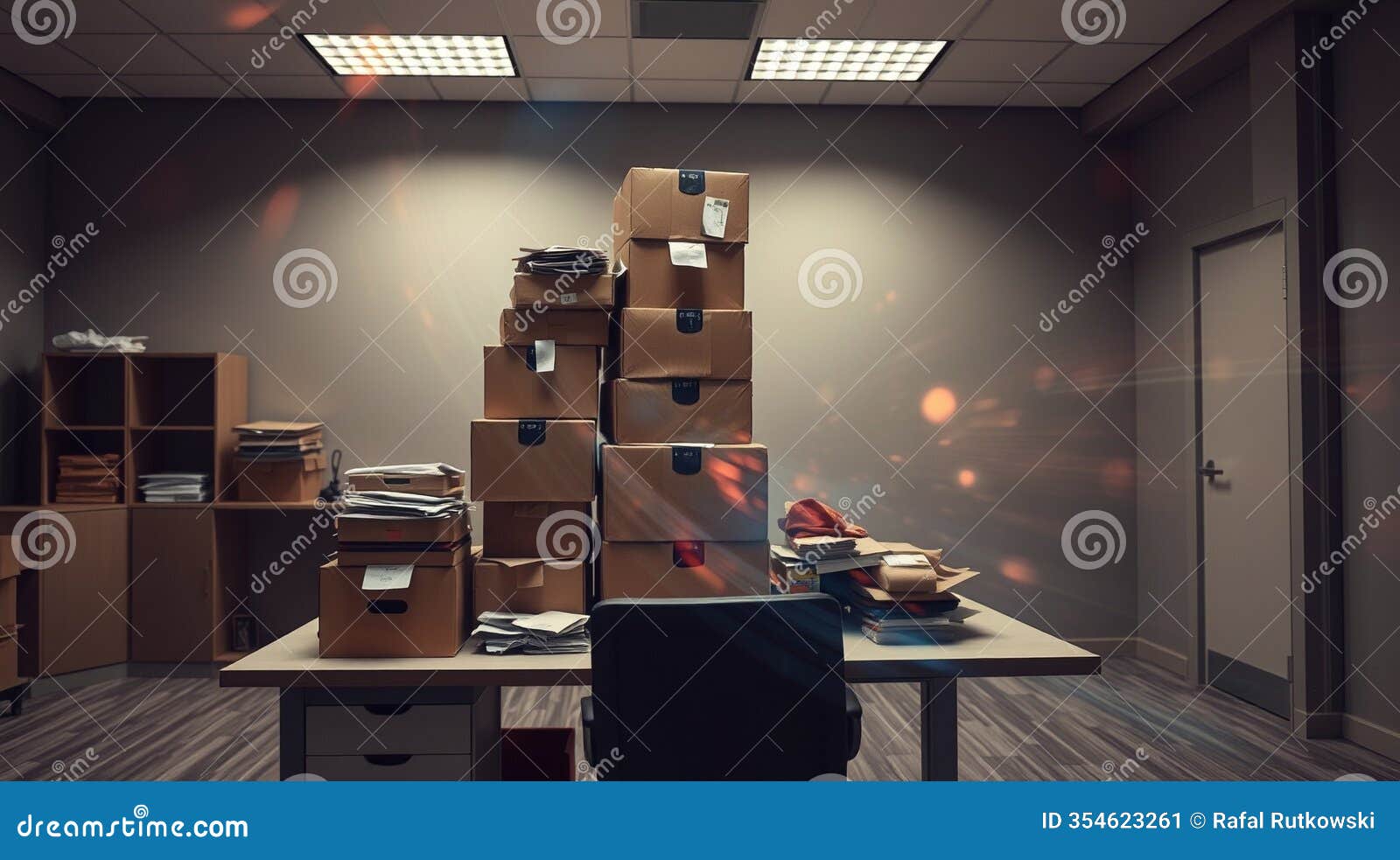 Office Relocation or Move in Progress. Many Boxes and Files on a Desk ...