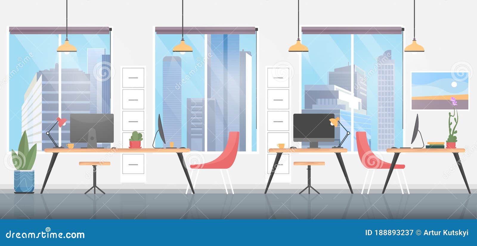 Office Room Interior Flat Vector Illustration, Cartoon Empty Creative ...