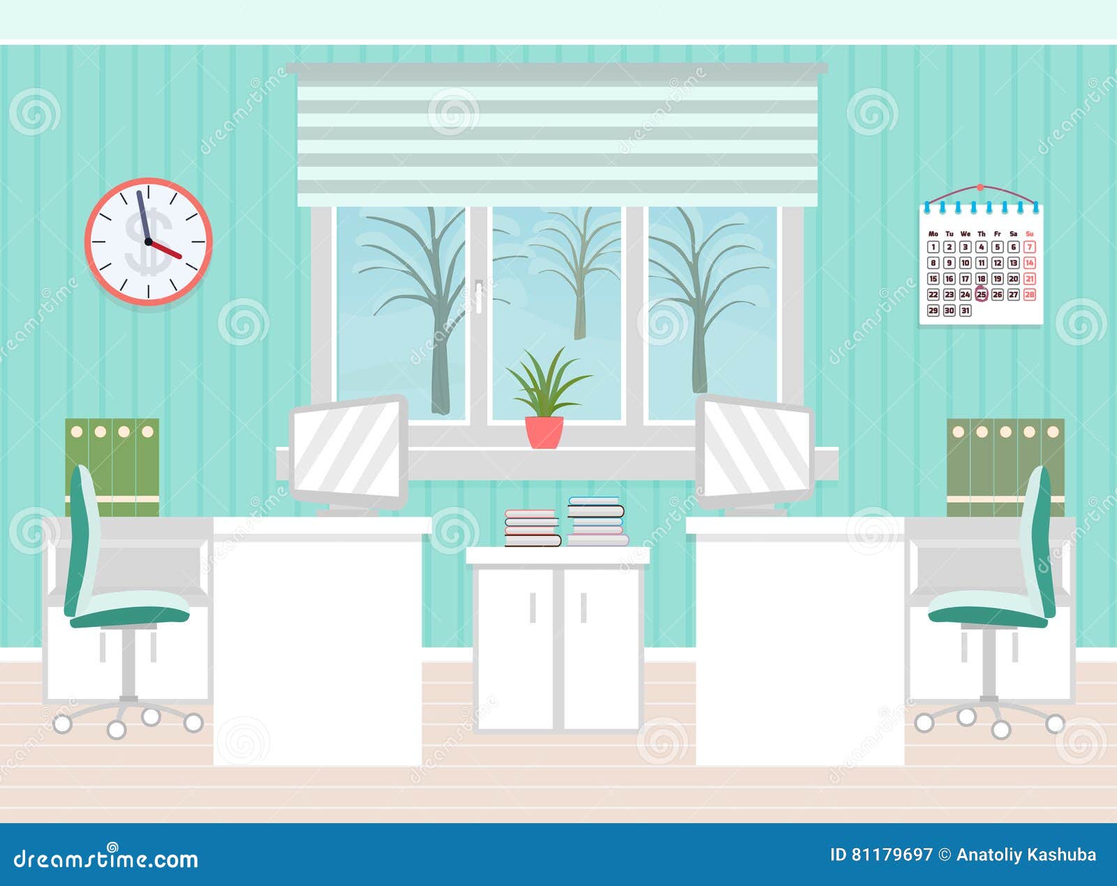 Office Room Interior Including Two Work Spaces with Winter Landscape ...