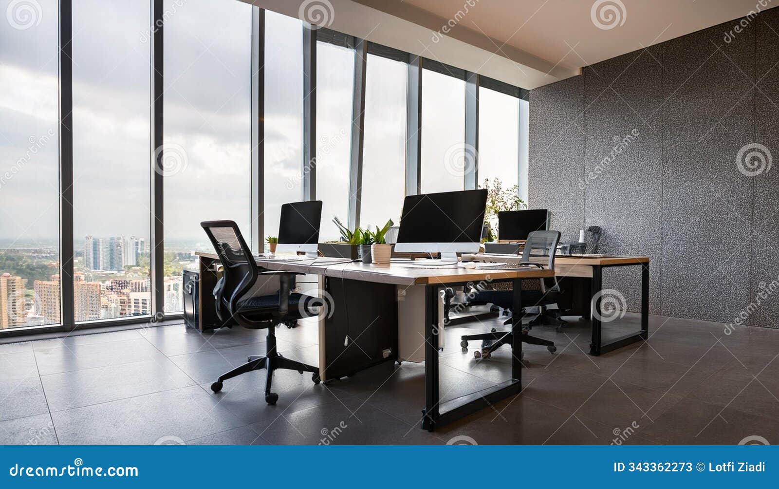 Office Room Interior with Pc Computers on Stone Tables, Window. Mockup ...