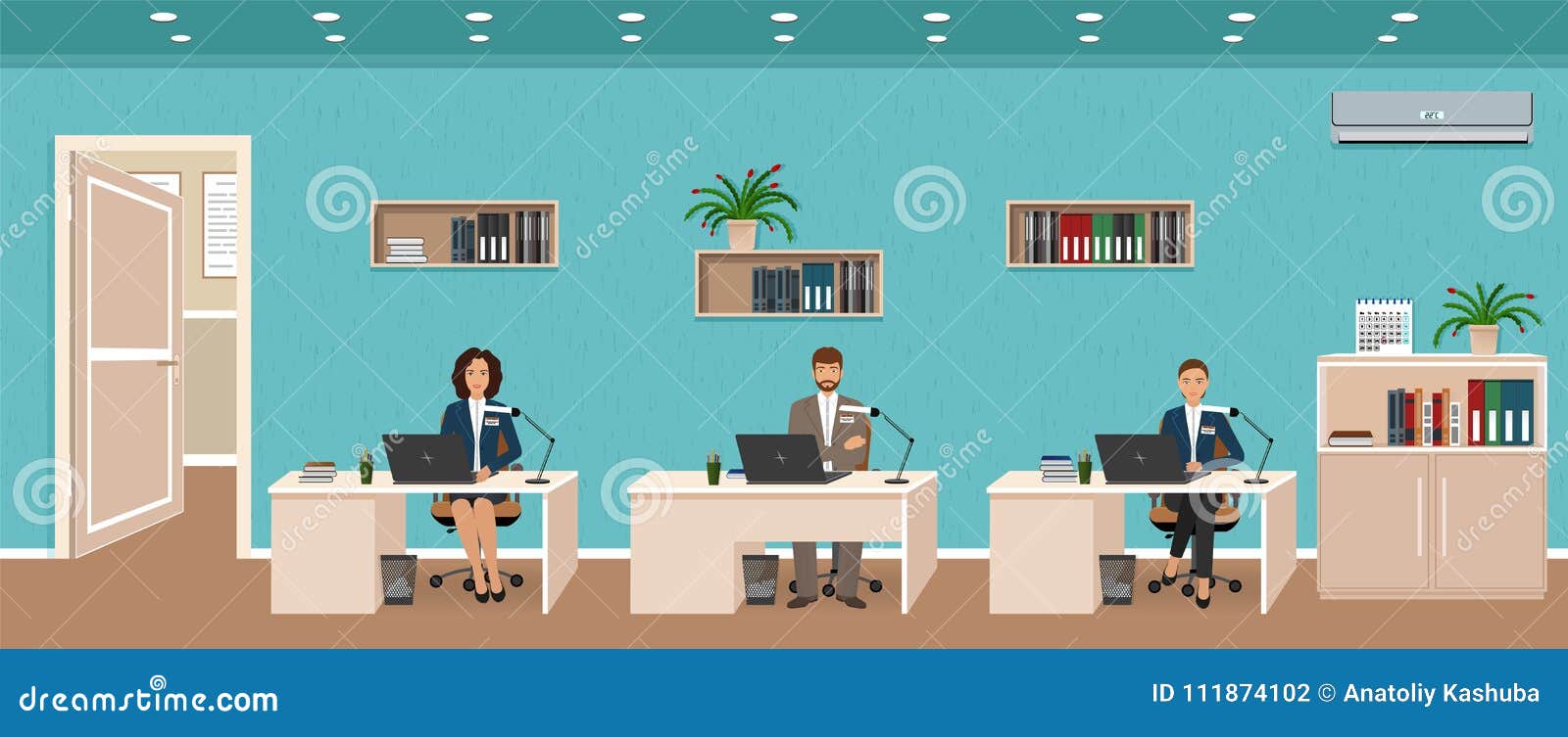 Office Room Interior with Three Workplaces, Working Employee and Door ...