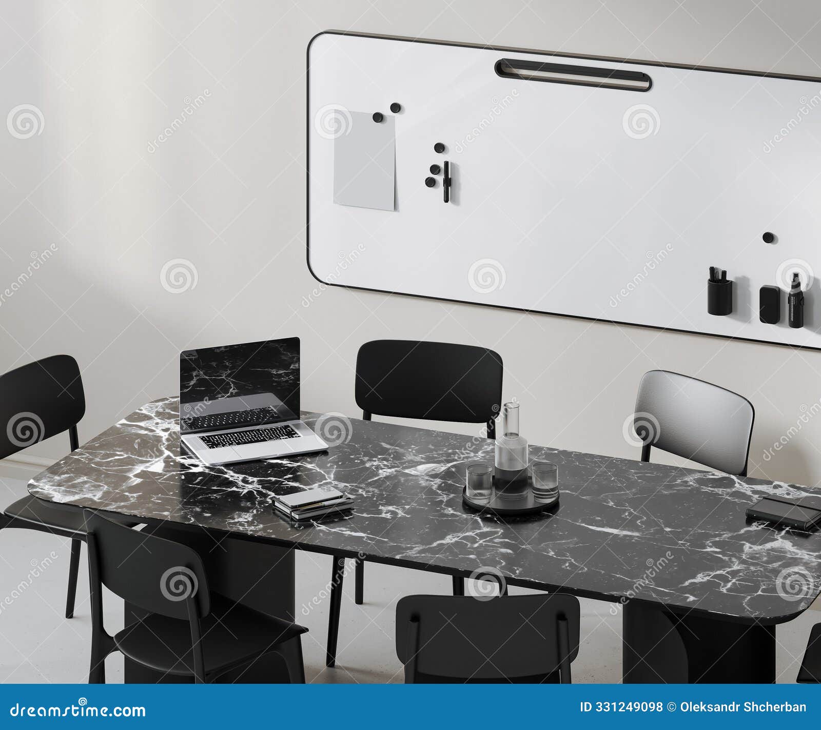 Office Room for Meetings with Long Conference Table and Chairs, Laptop ...