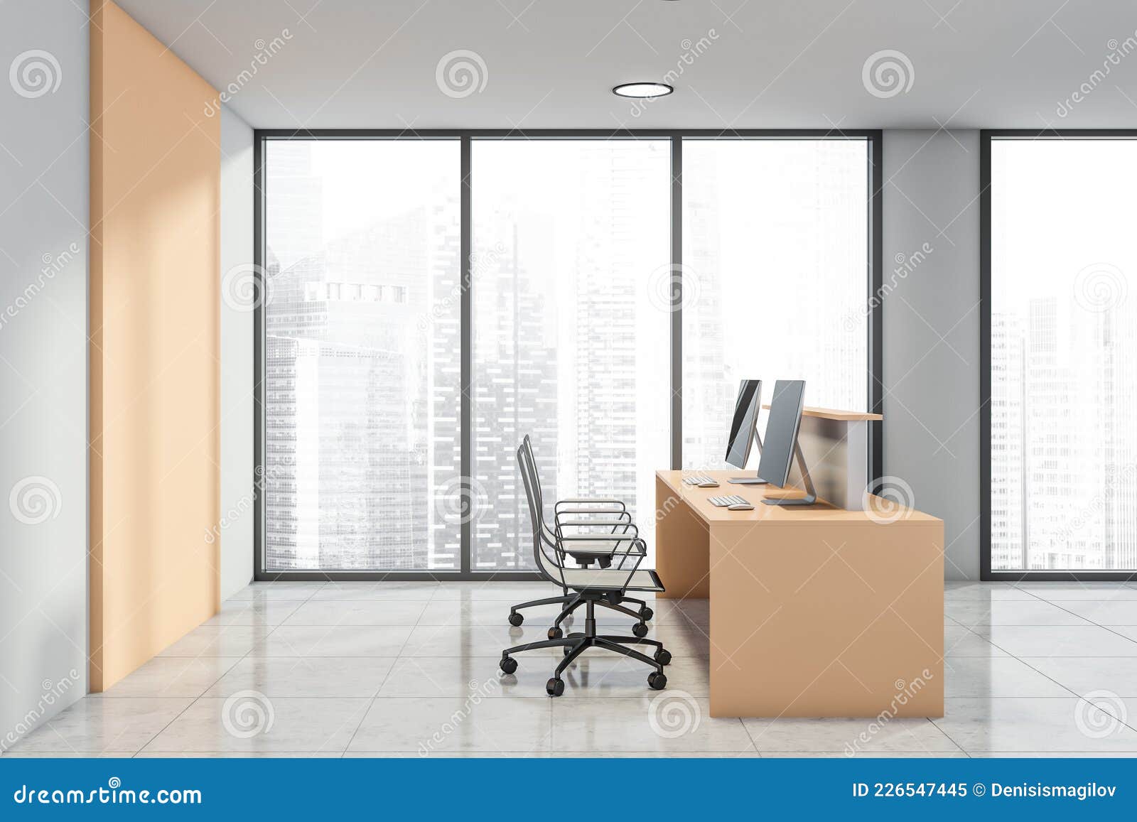 Office Room and Reception Interior with Computers and Panoramic Window ...