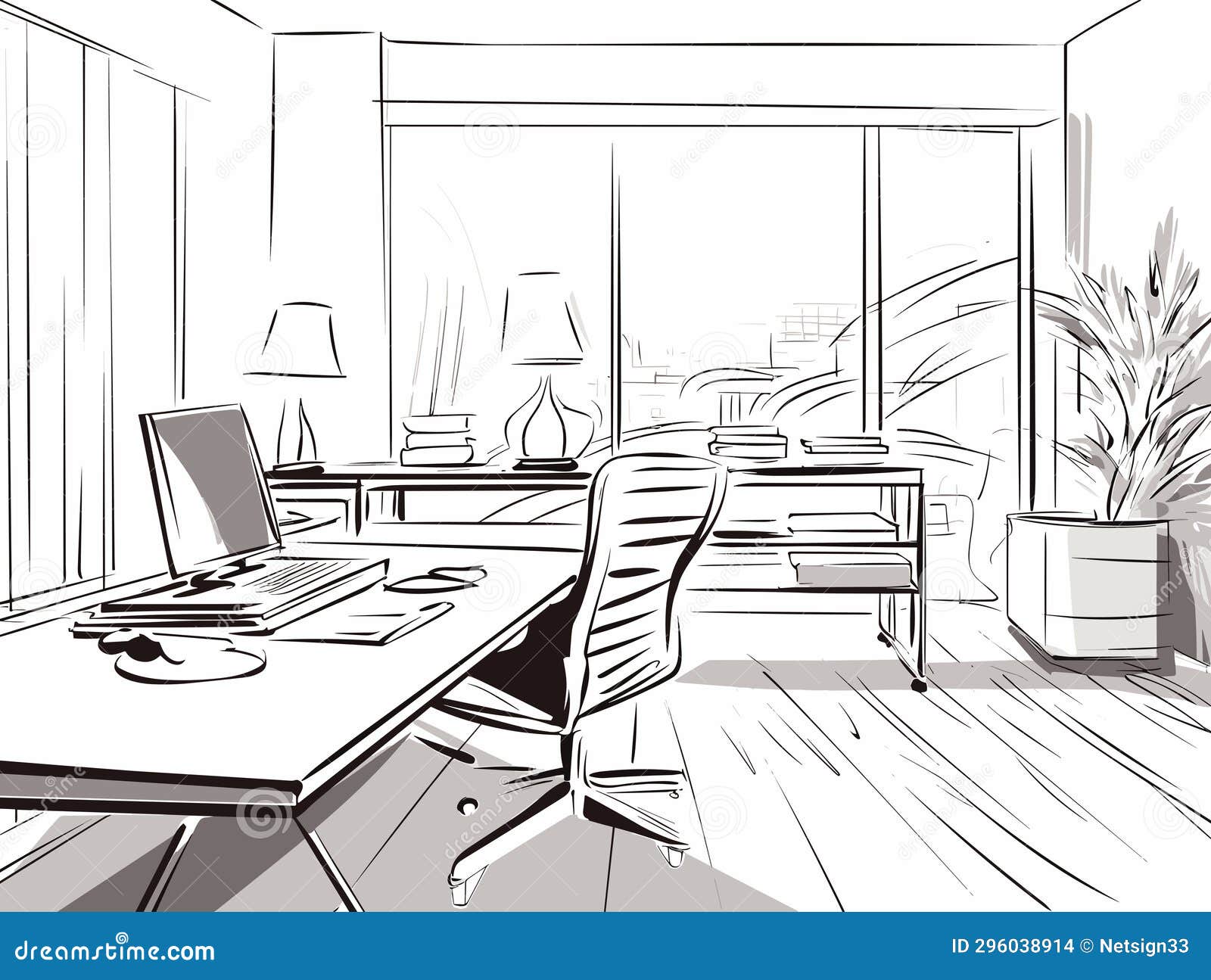 Office Room.Vector Interior for Work with Table in Hand-drawn Style ...