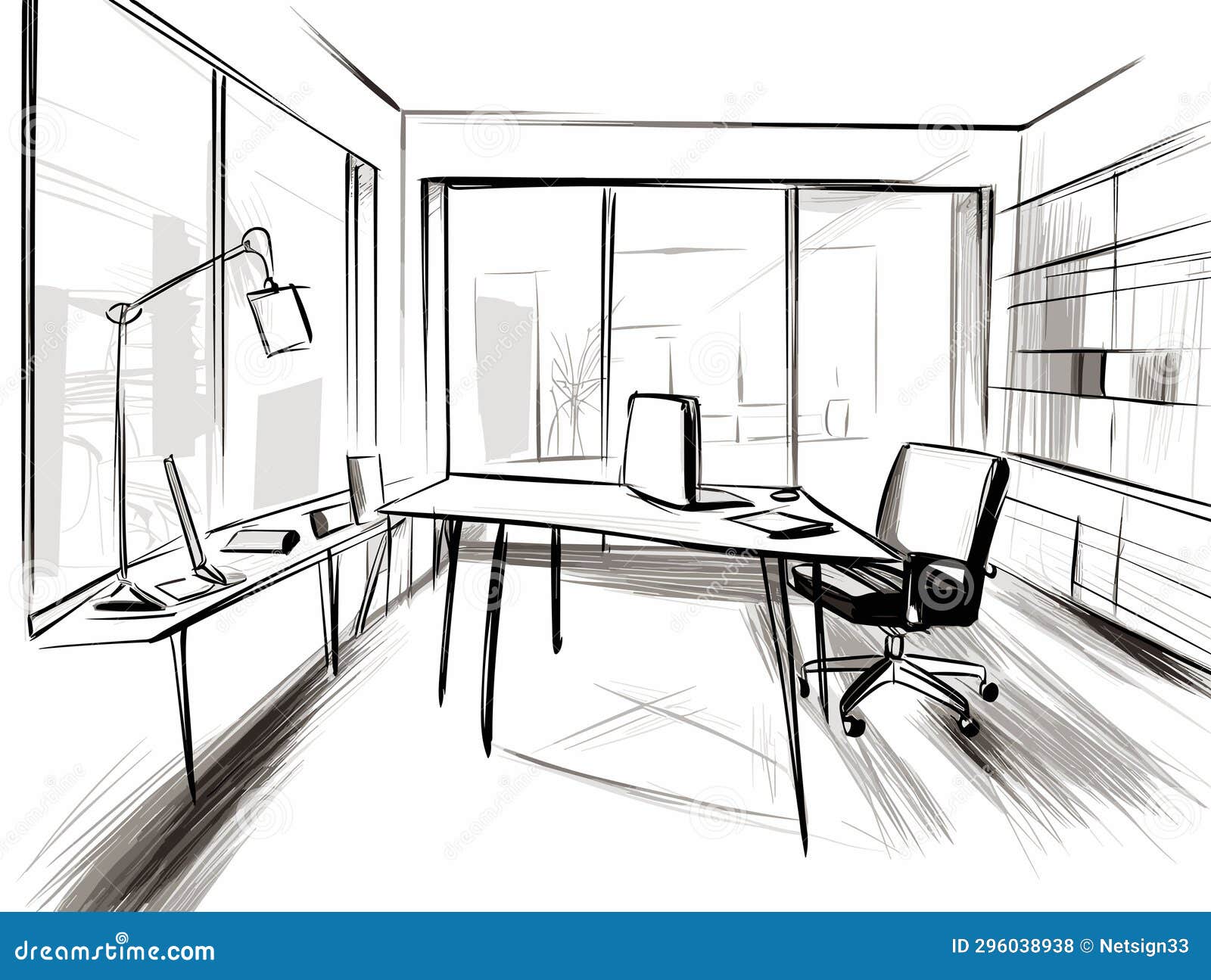 Office Room.Vector Interior for Work with Table in Hand-drawn Style ...