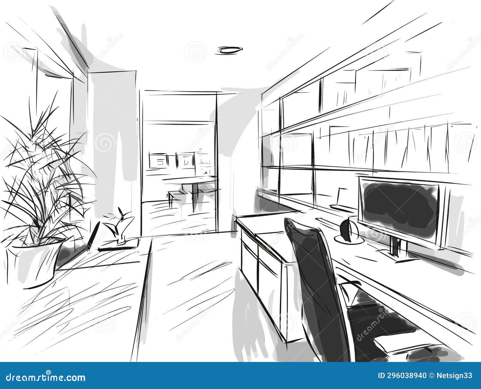 Office Room.Vector Interior for Work with Table in Hand-drawn Style ...