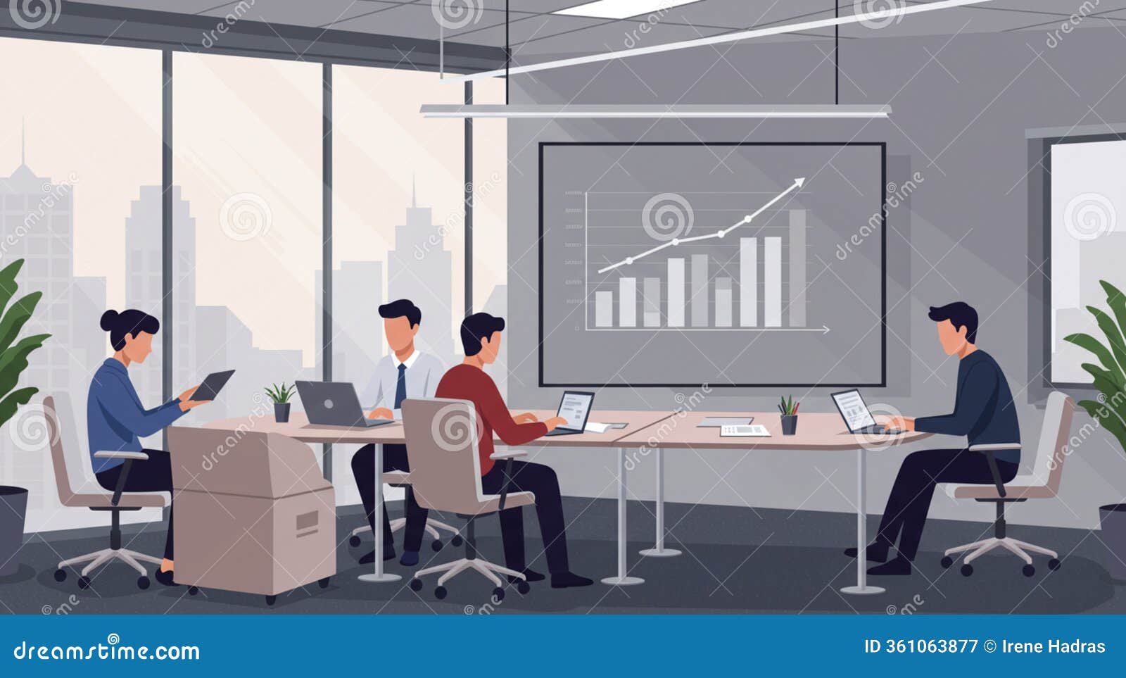 Office Setting With Four People Seated At A Conference Table Using ...