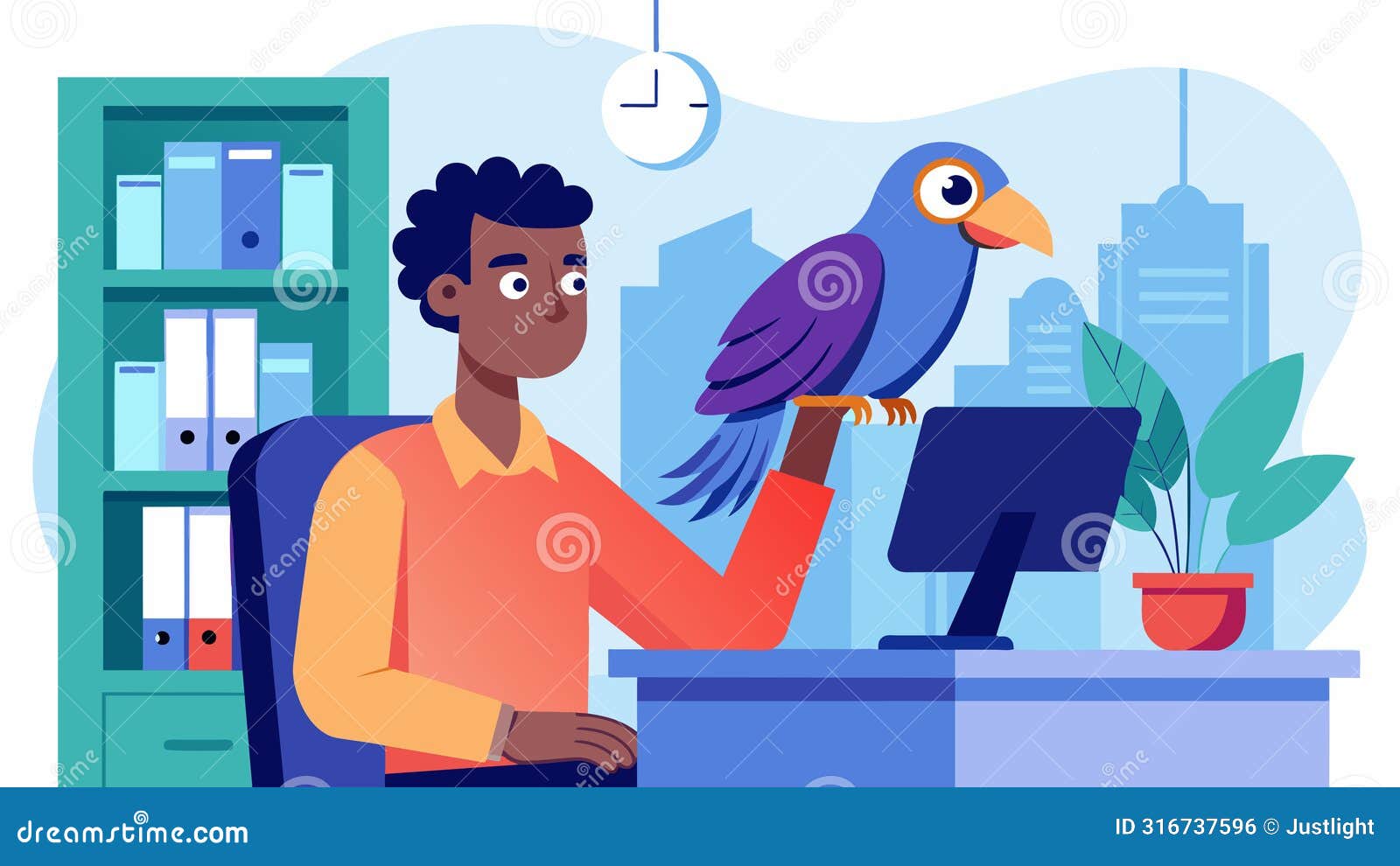 In an Office Setting a Therapy Parrot Sits on the Shoulder of a Young ...
