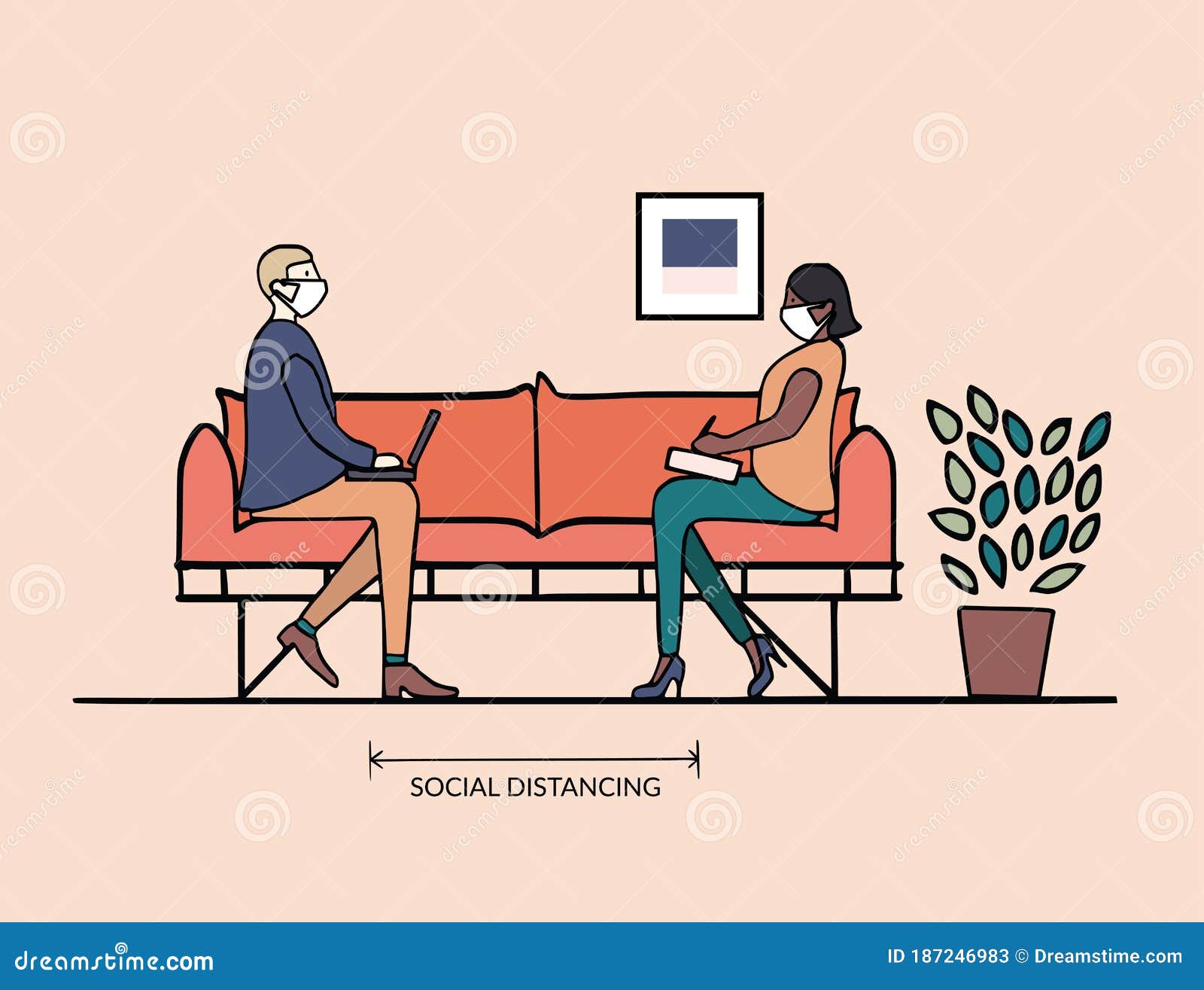 Social Distancing at Seating Area. Man and Woman Wearing Face Masks ...